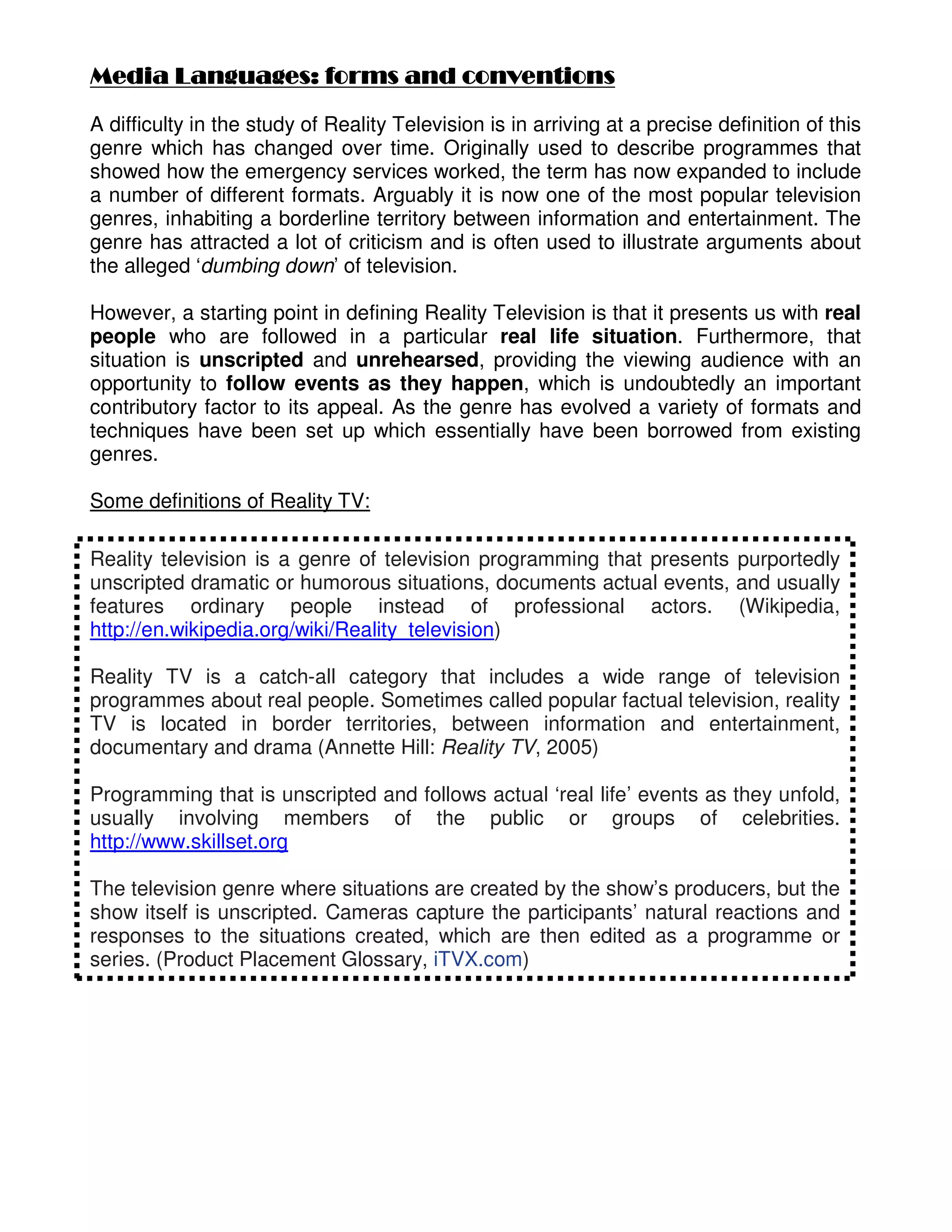 Reality tv revision | PDF