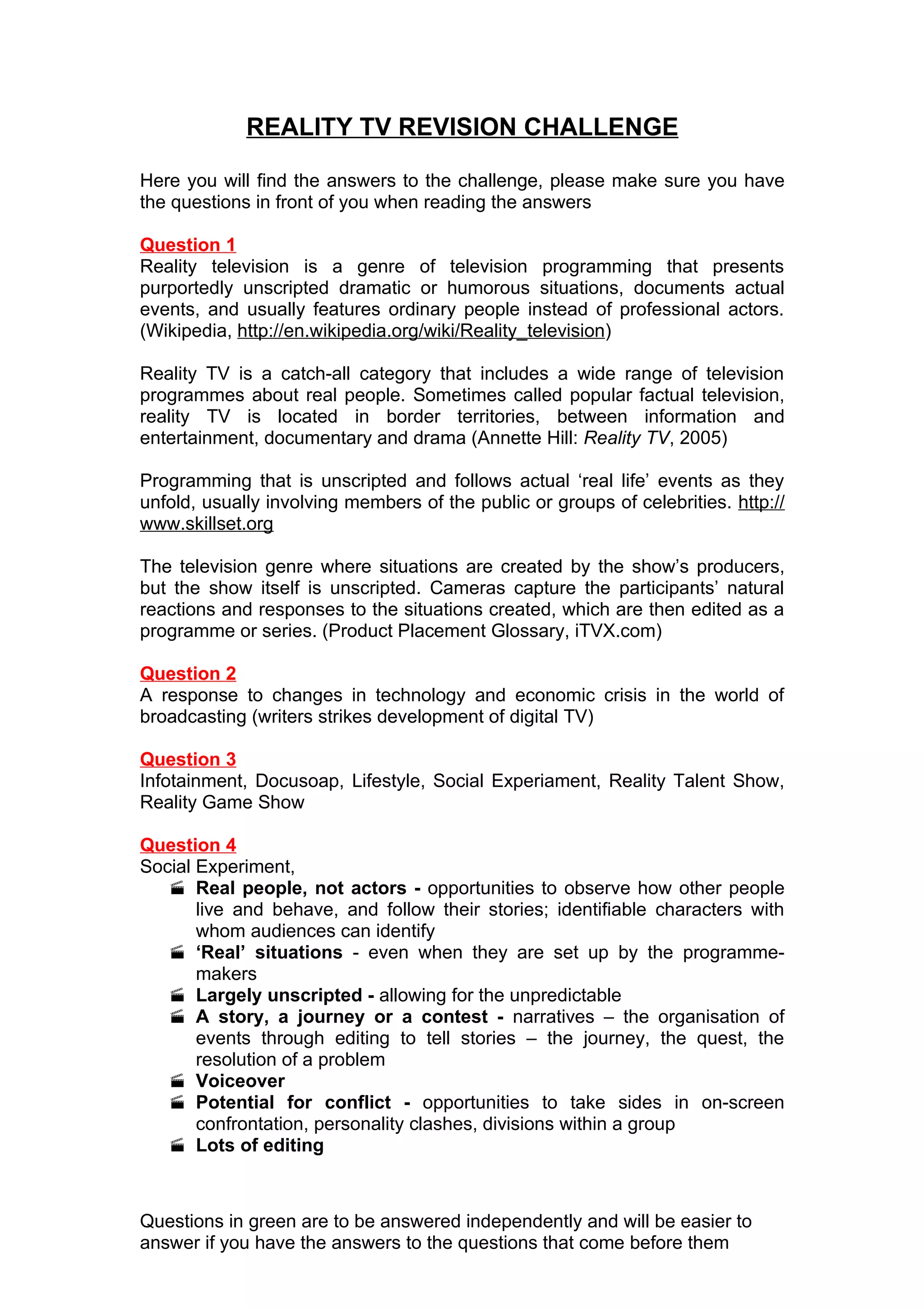 Reality TV revision challenge: answers | DOC