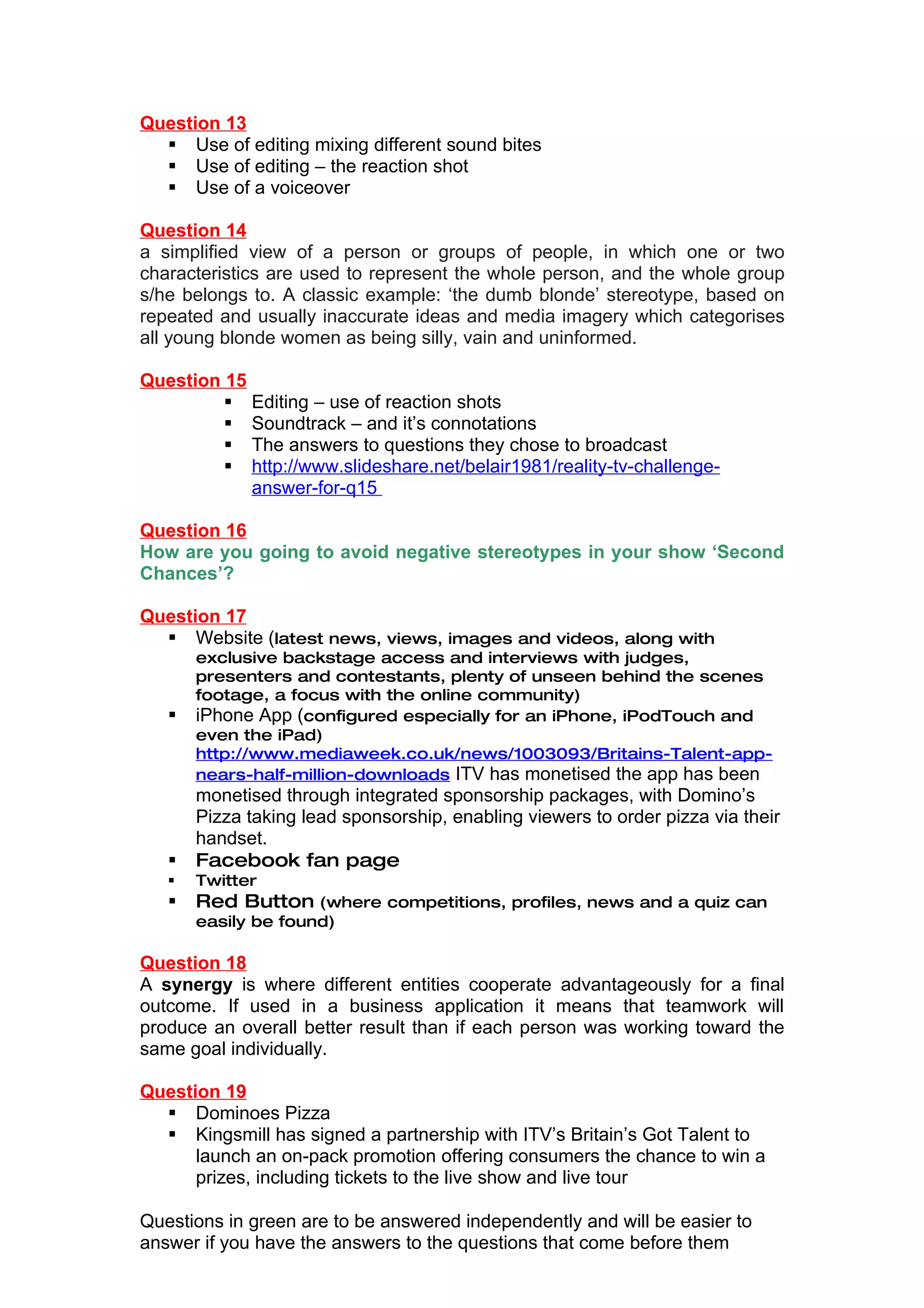 Reality TV revision challenge: answers | DOC