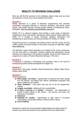 Reality TV revision challenge: answers | DOC