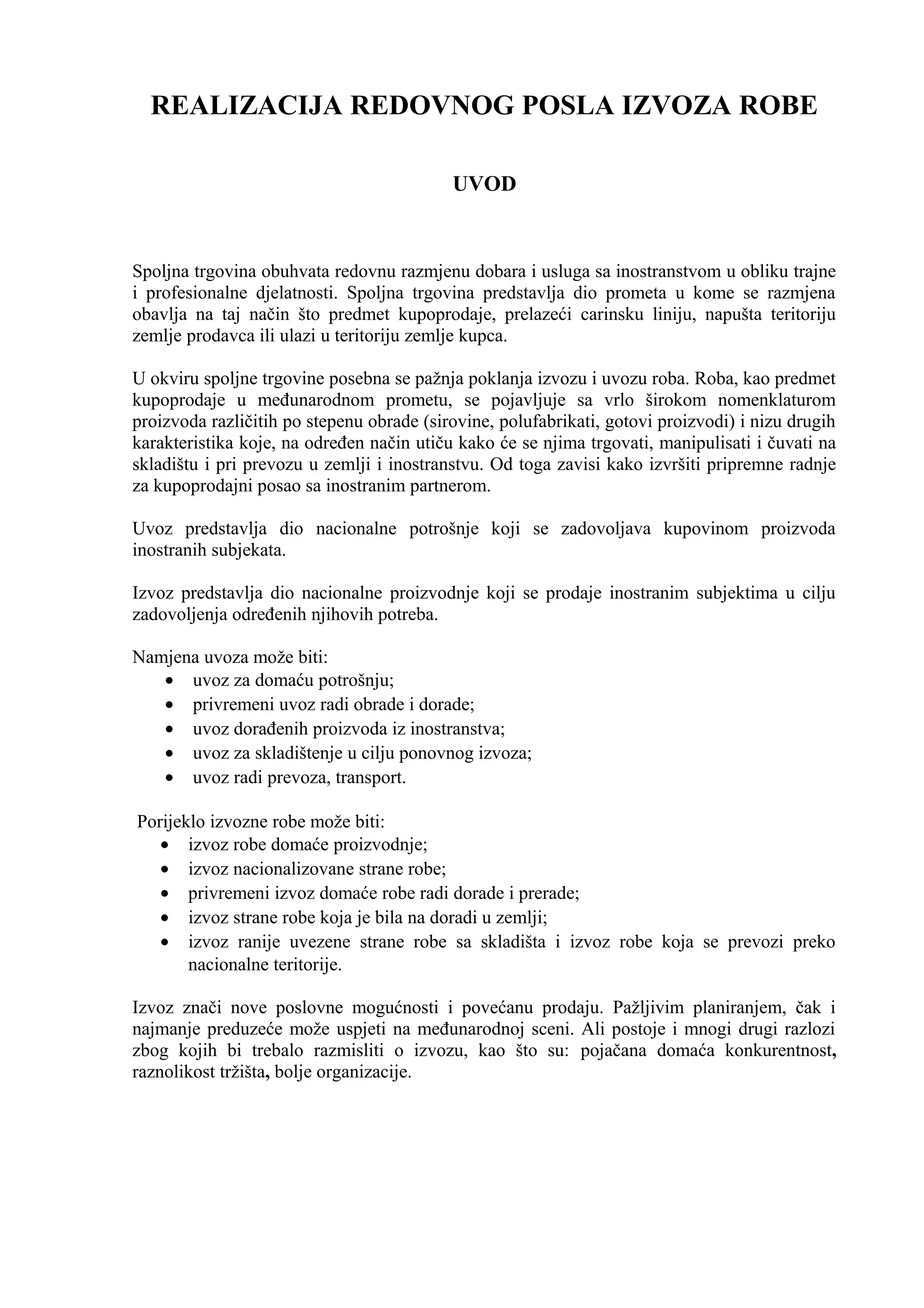 Realizacija redovnog posla izvoza robe spoljnotrgovinsko poslovanje | DOC