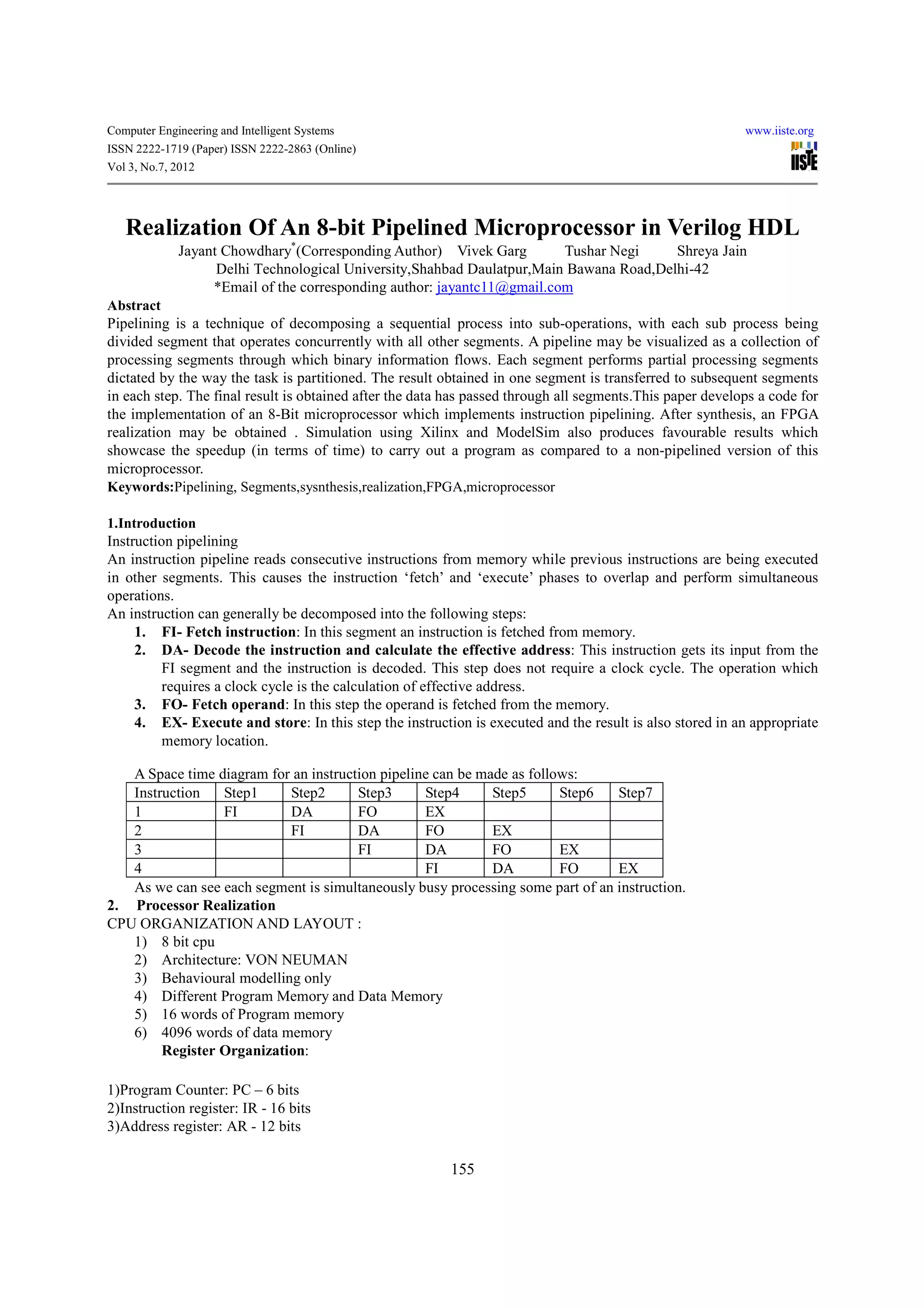 Realization of an 8 bit pipelined microprocessor in verilog hdl | PDF
