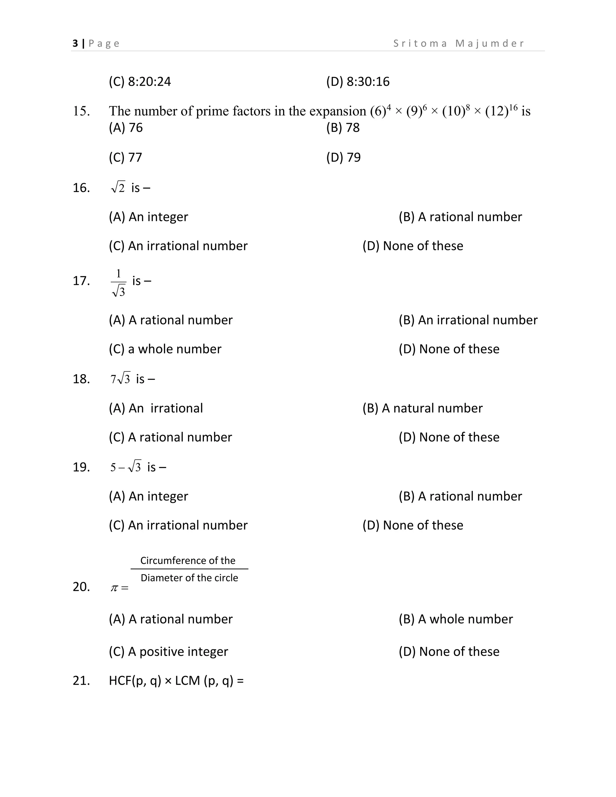 CBSE - Grade 10 - Mathematics - Real Numbers - Multiple Choice ...