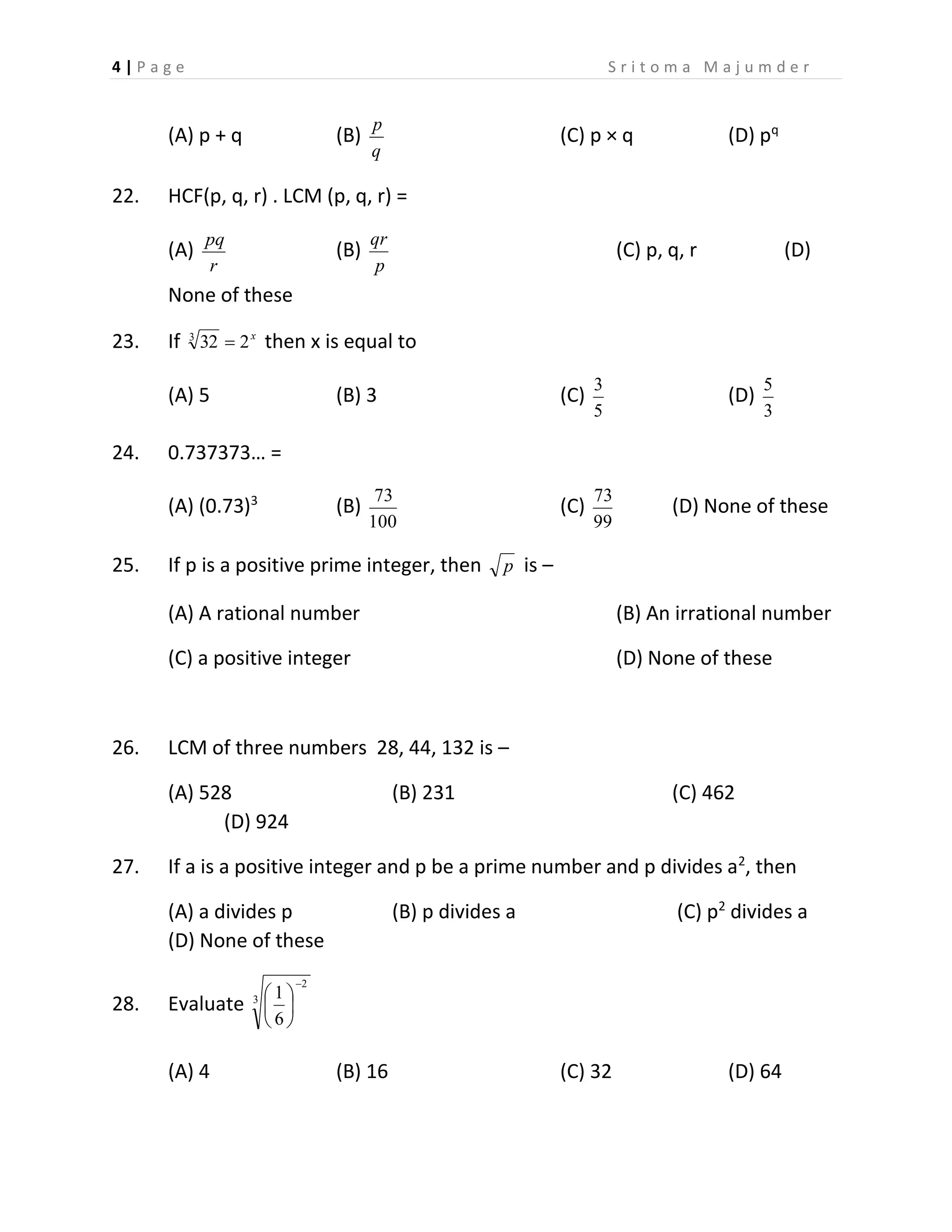 CBSE - Grade 10 - Mathematics - Real Numbers - Multiple Choice ...