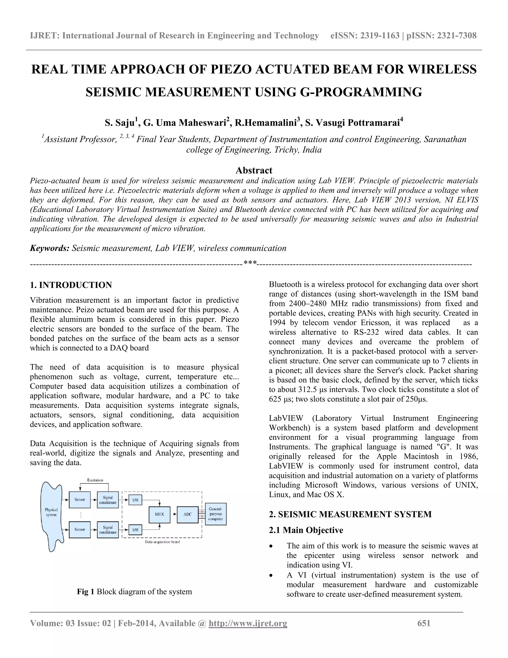 Real time approach of piezo actuated beam for wireless seismic measurement using g programming ...