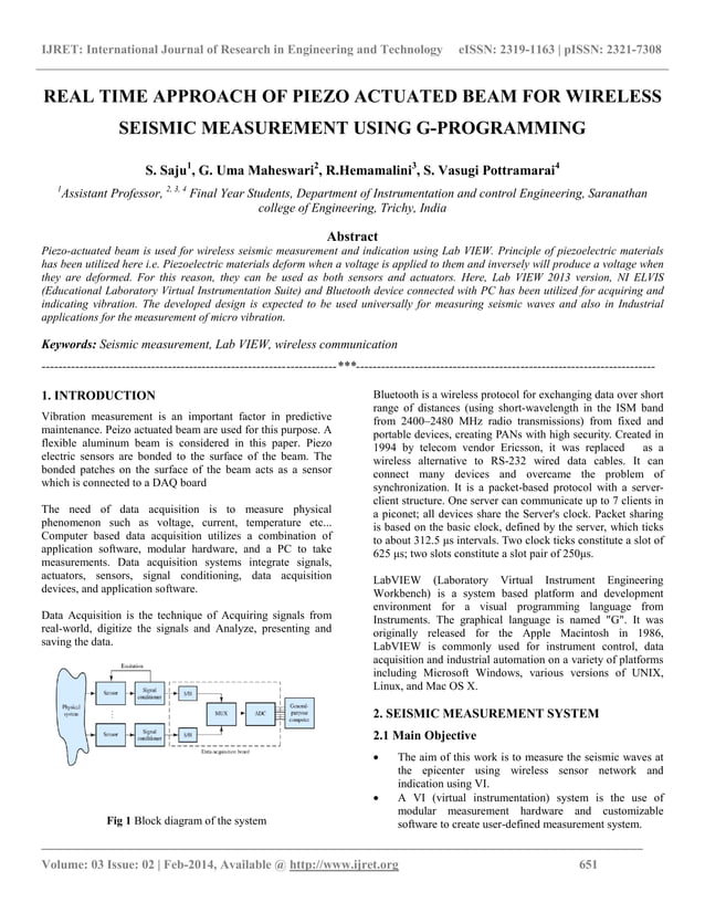 Real time approach of piezo actuated beam for wireless seismic measurement using g programming ...