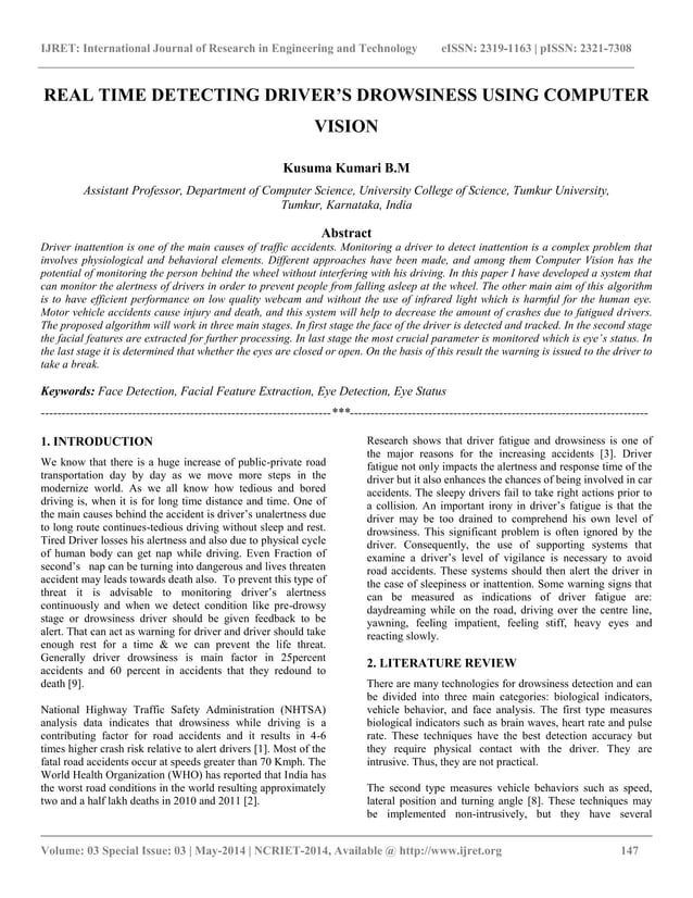 Real time detecting driver’s drowsiness using computer vision | PDF
