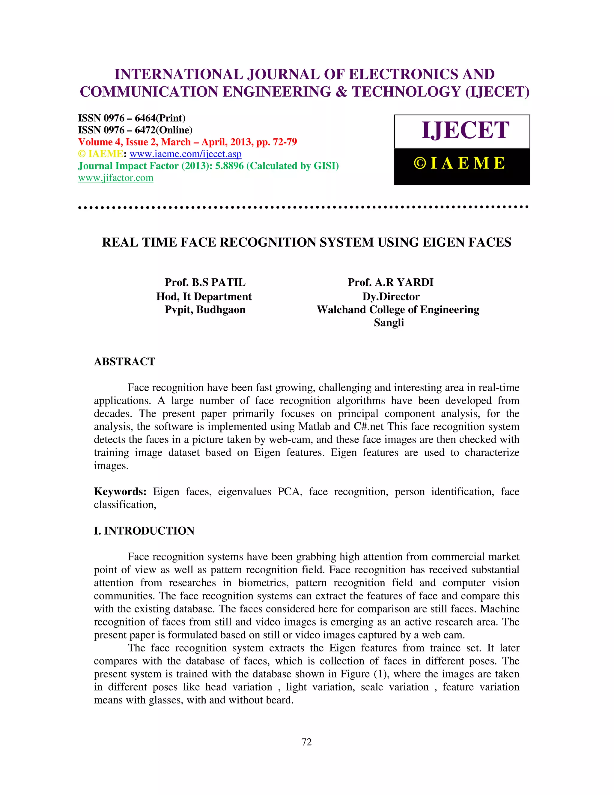 Real time face recognition system using eigen faces | PDF | Computing | Technology & Computing