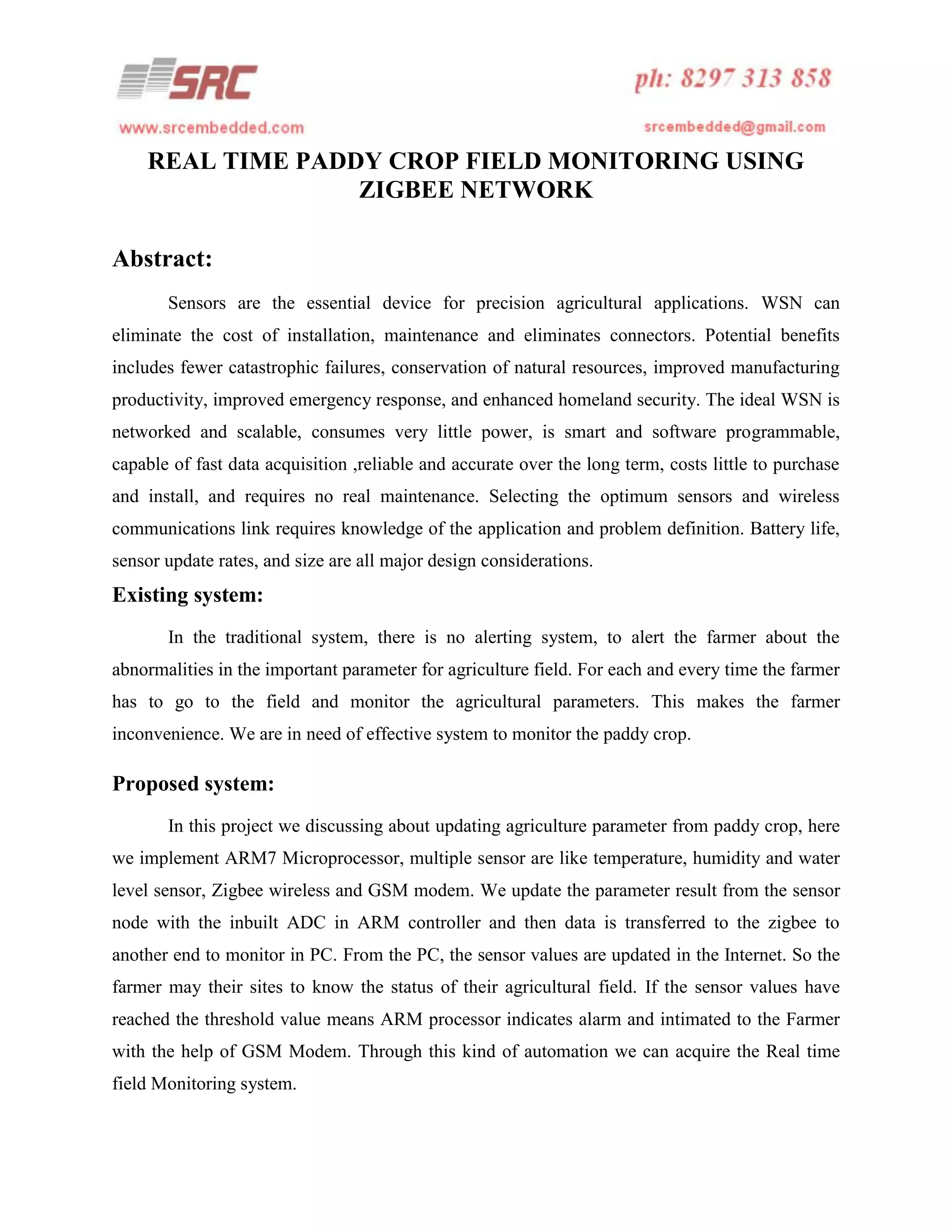 Real time paddy crop field monitoring using zigbee network | PDF | Internet of Things | Internet