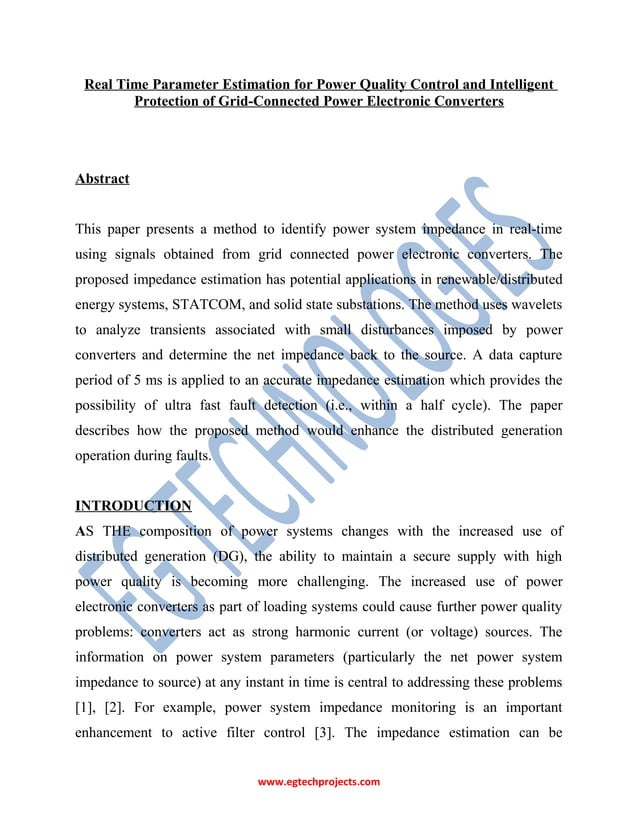 Real time parameter estimation for power quality control and intelligent protection of grid ...