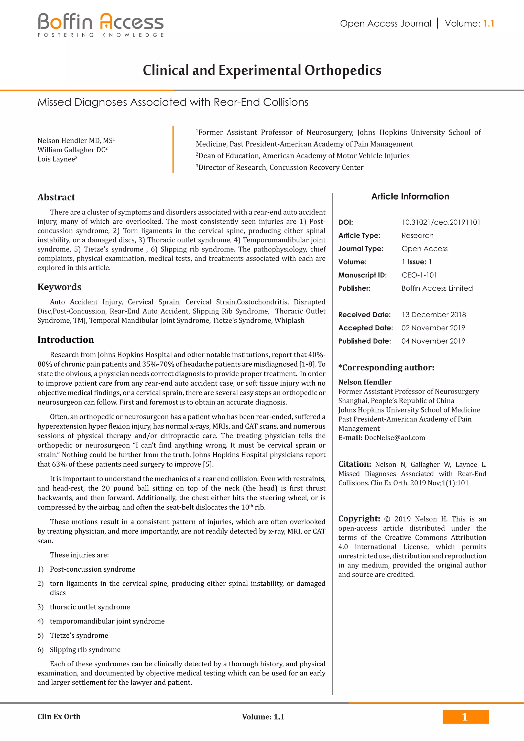 Missed Diagnoses association in Rear end collisions | PDF