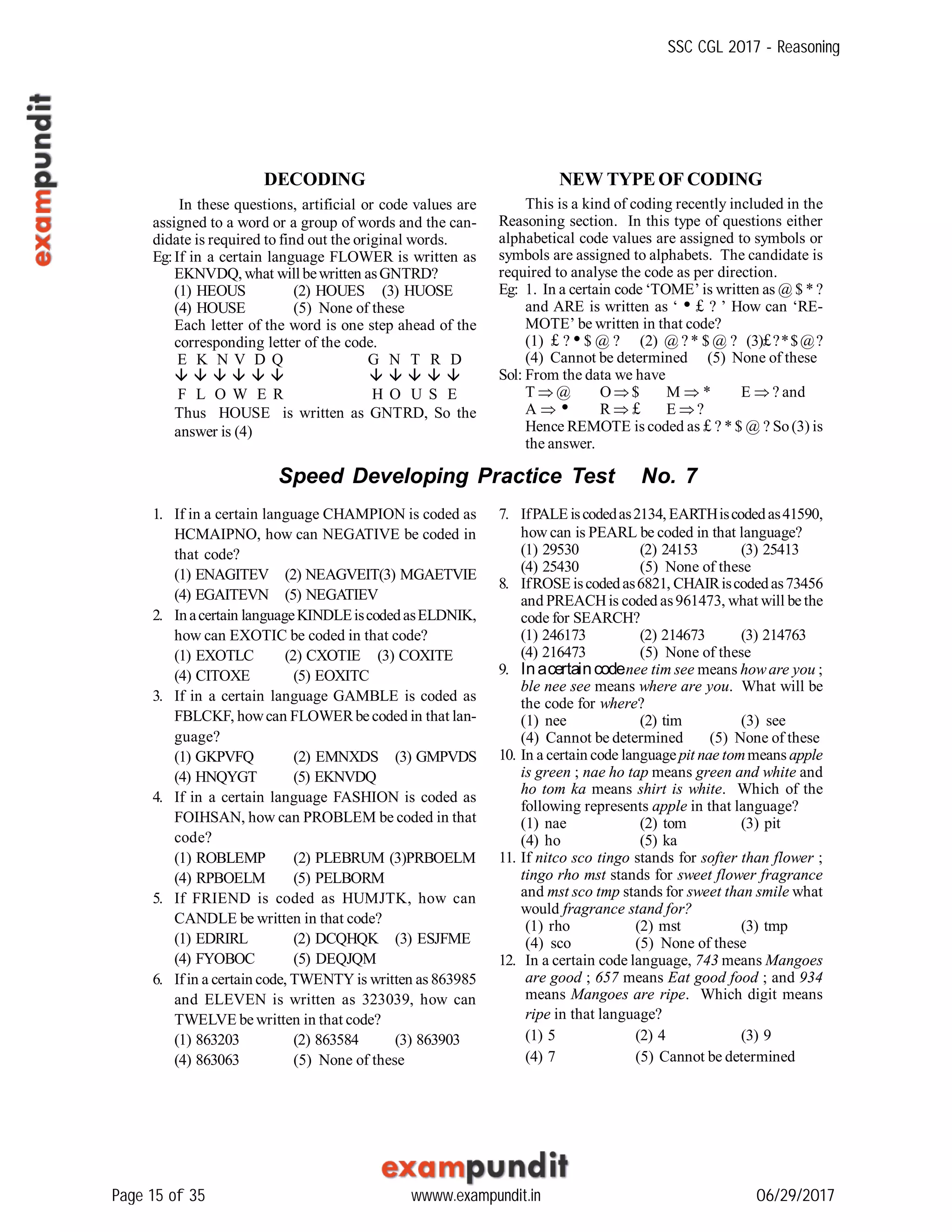 Reasoning practice-book for SSC exam preparation | PDF