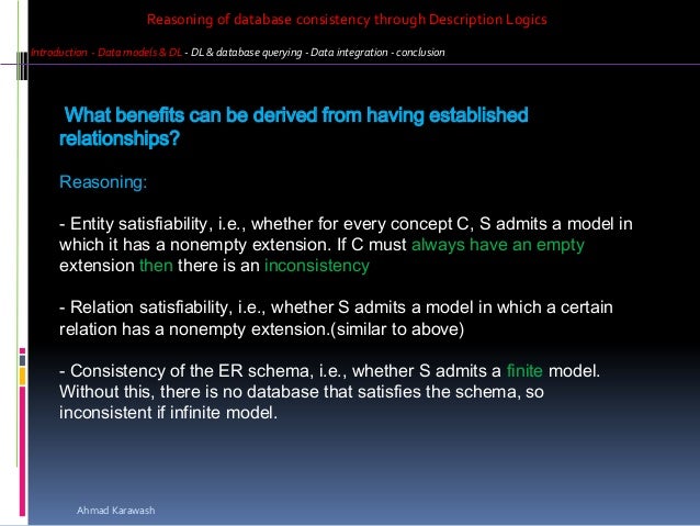 Reasoning of database consistency through description logics
