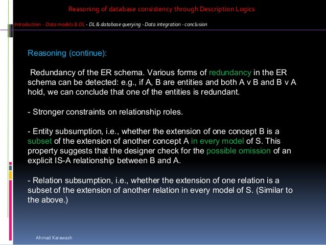 Reasoning of database consistency through description logics