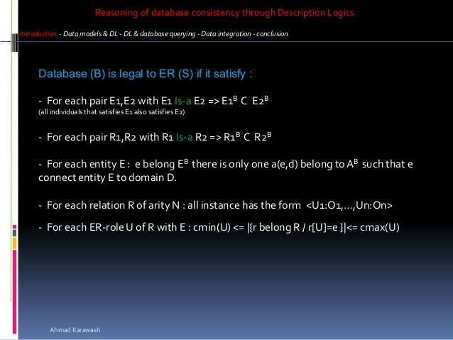 Reasoning of database consistency through description logics