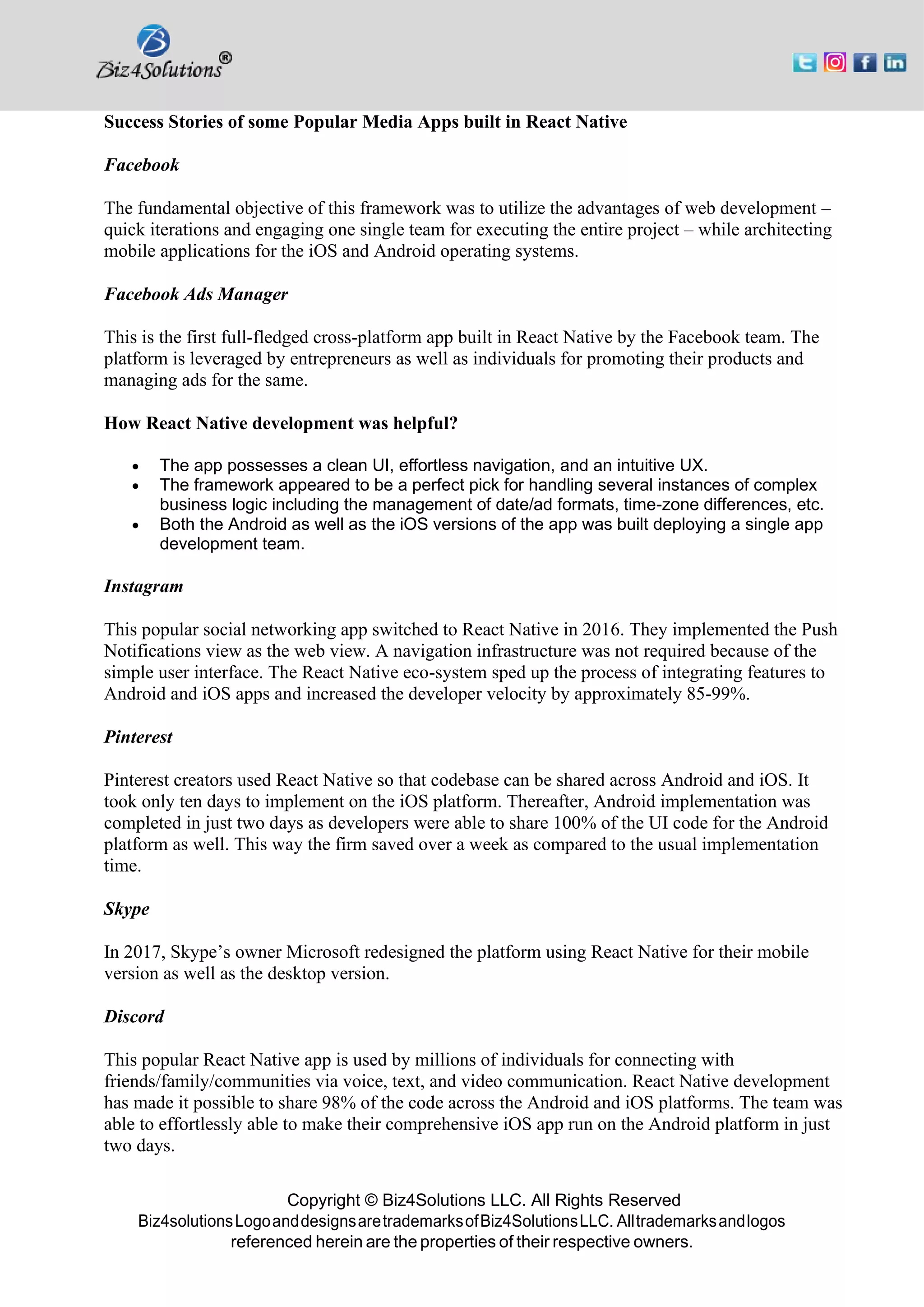 Advantages of building Social Media Apps in React Native | PDF