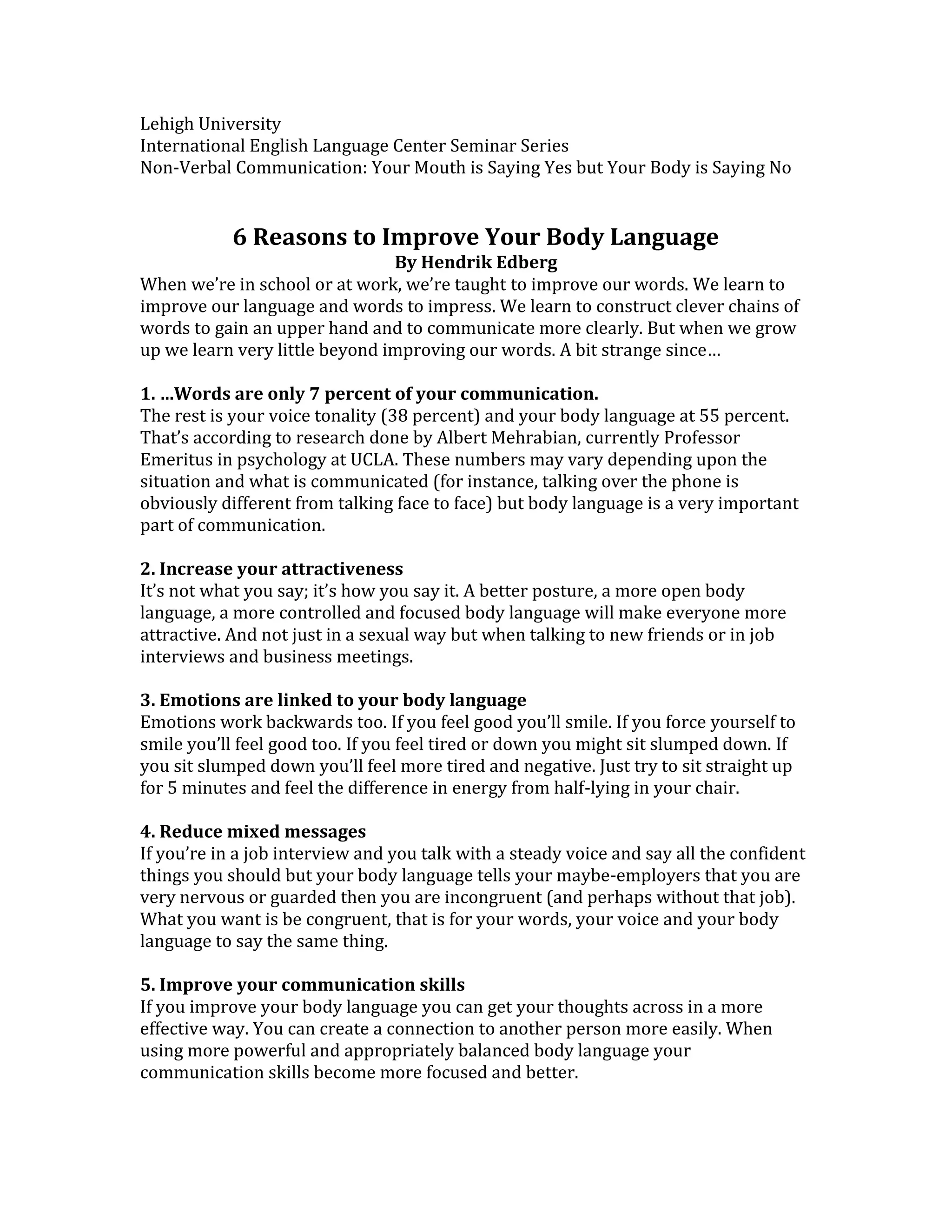 Reasons to improve your body language | DOCX