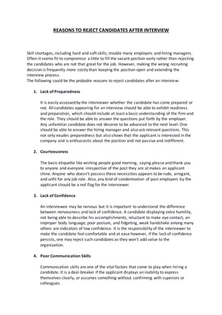 REASONS TO REJECT CANDIDATES AFTER INTERVIEW.docx