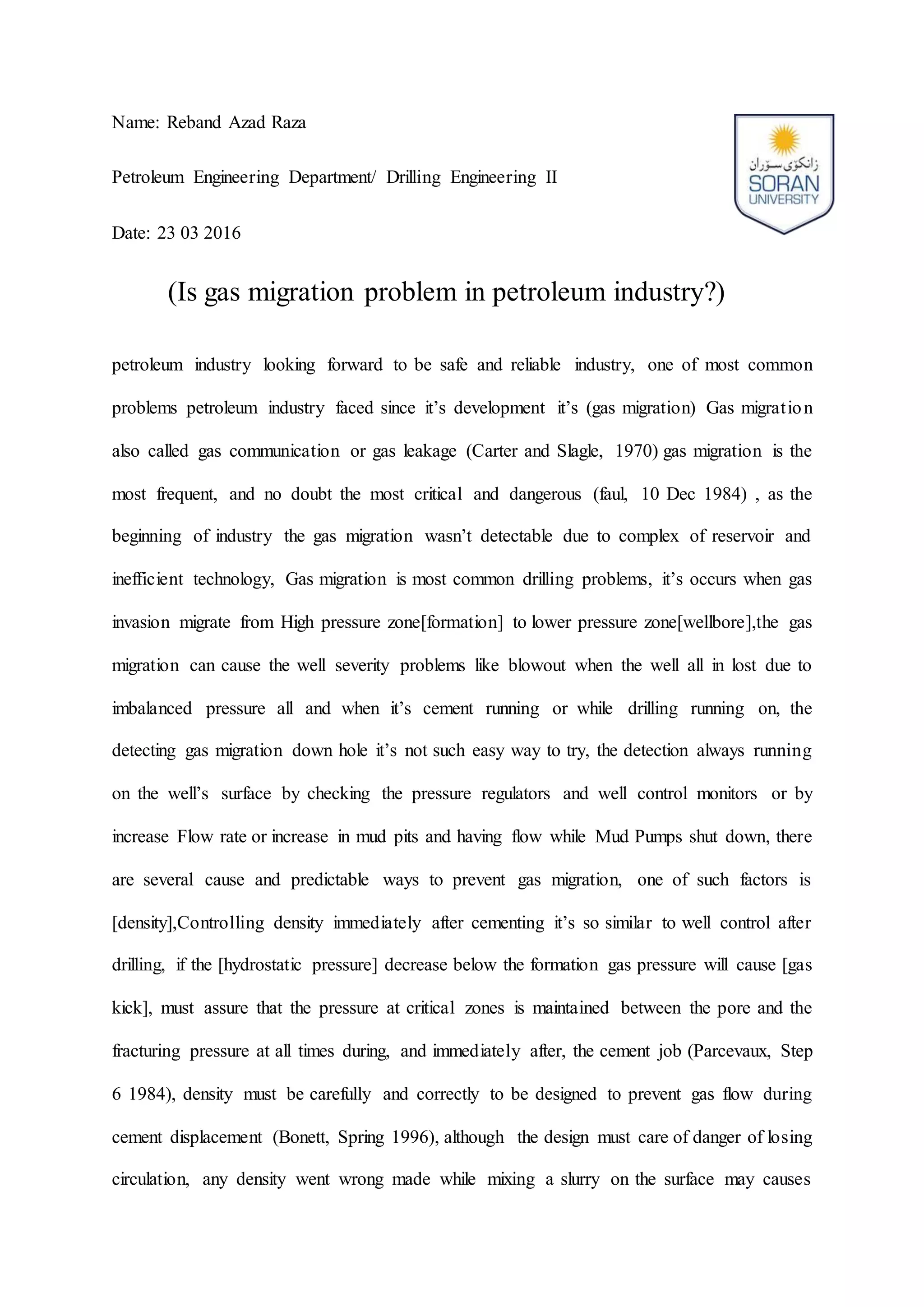 gas migration in oil industry | DOCX | Geology | Science