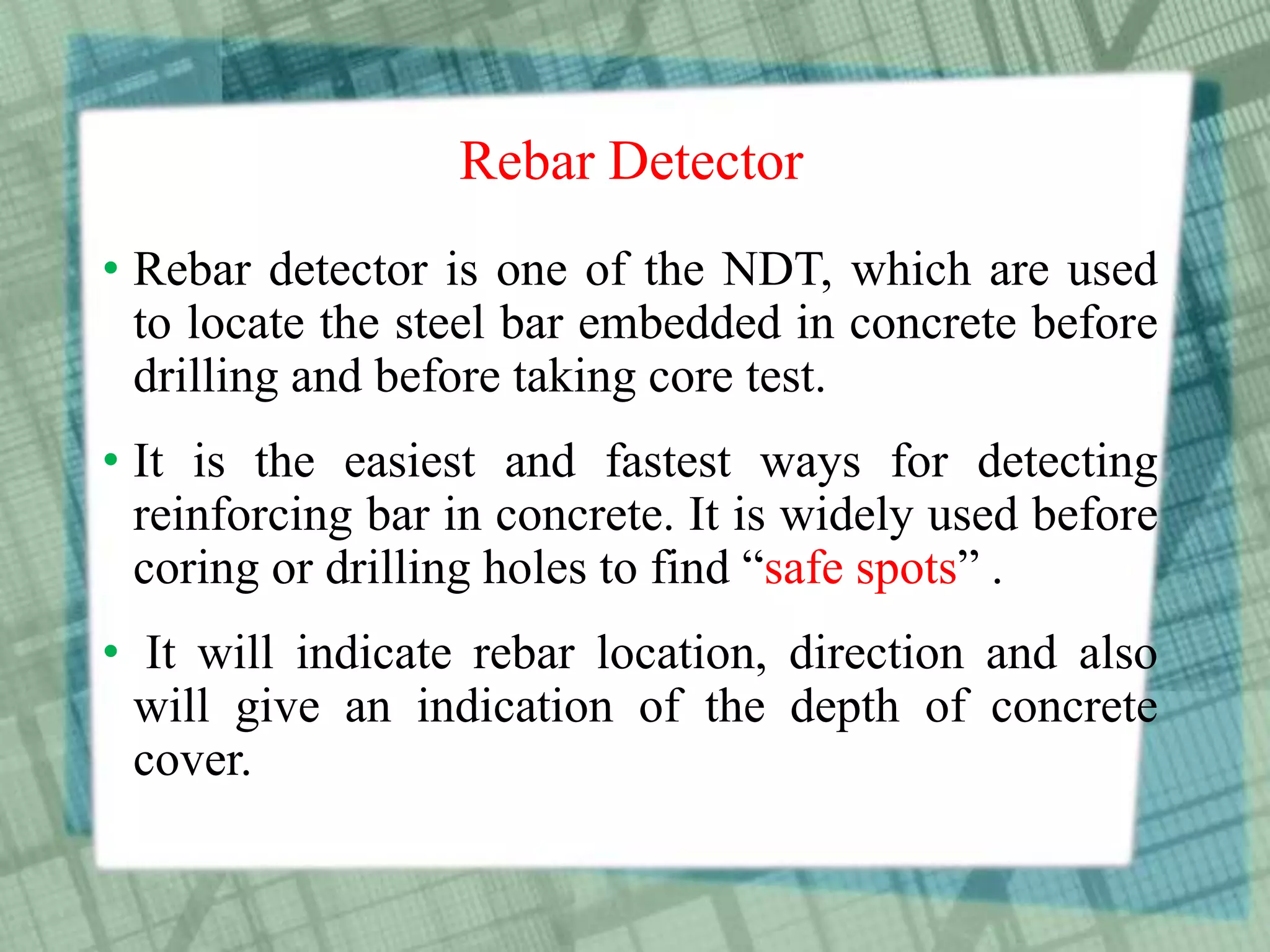 Rebar detector Test of Nondestructive Test | PPTX