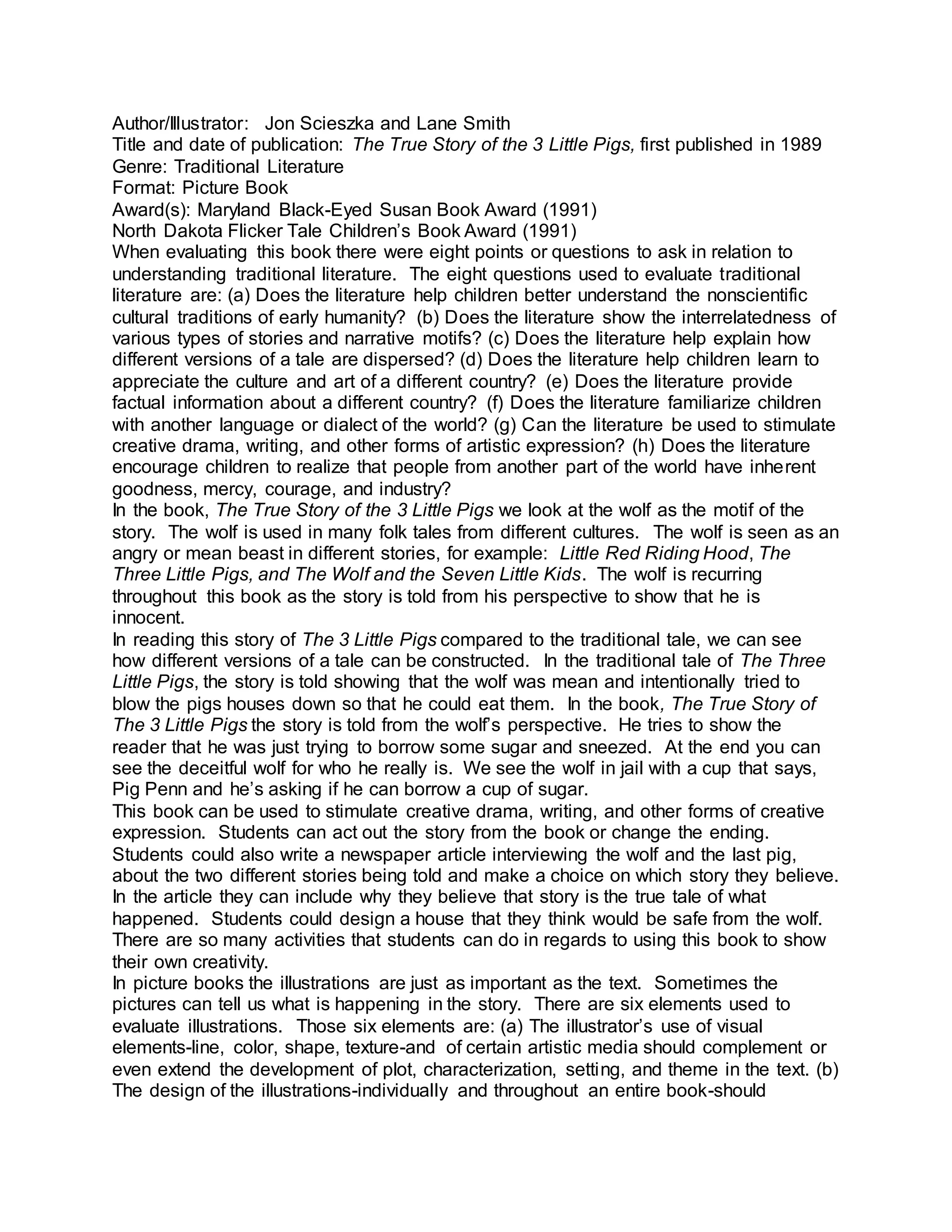 Children's Literature Analysis | DOCX