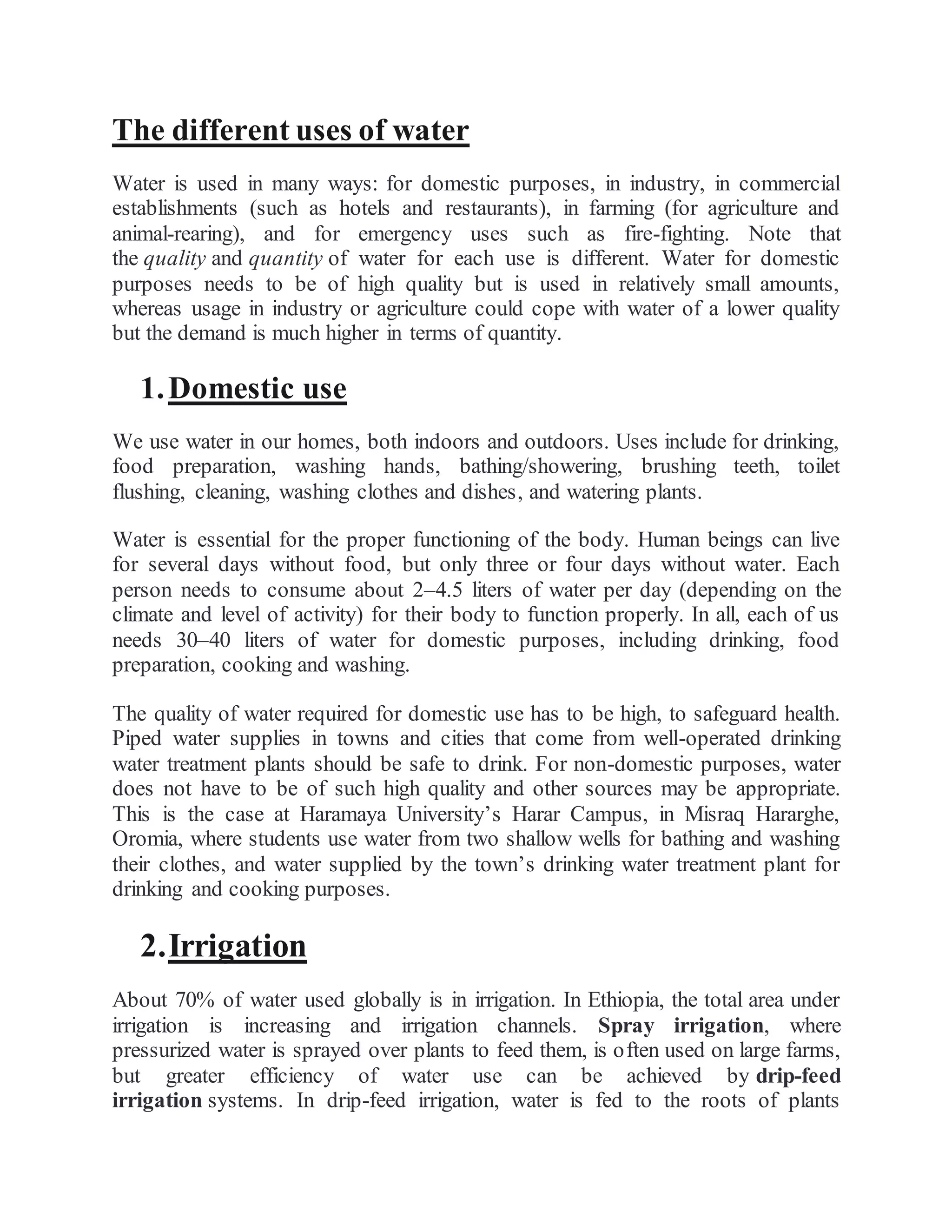 The different uses of water | DOCX