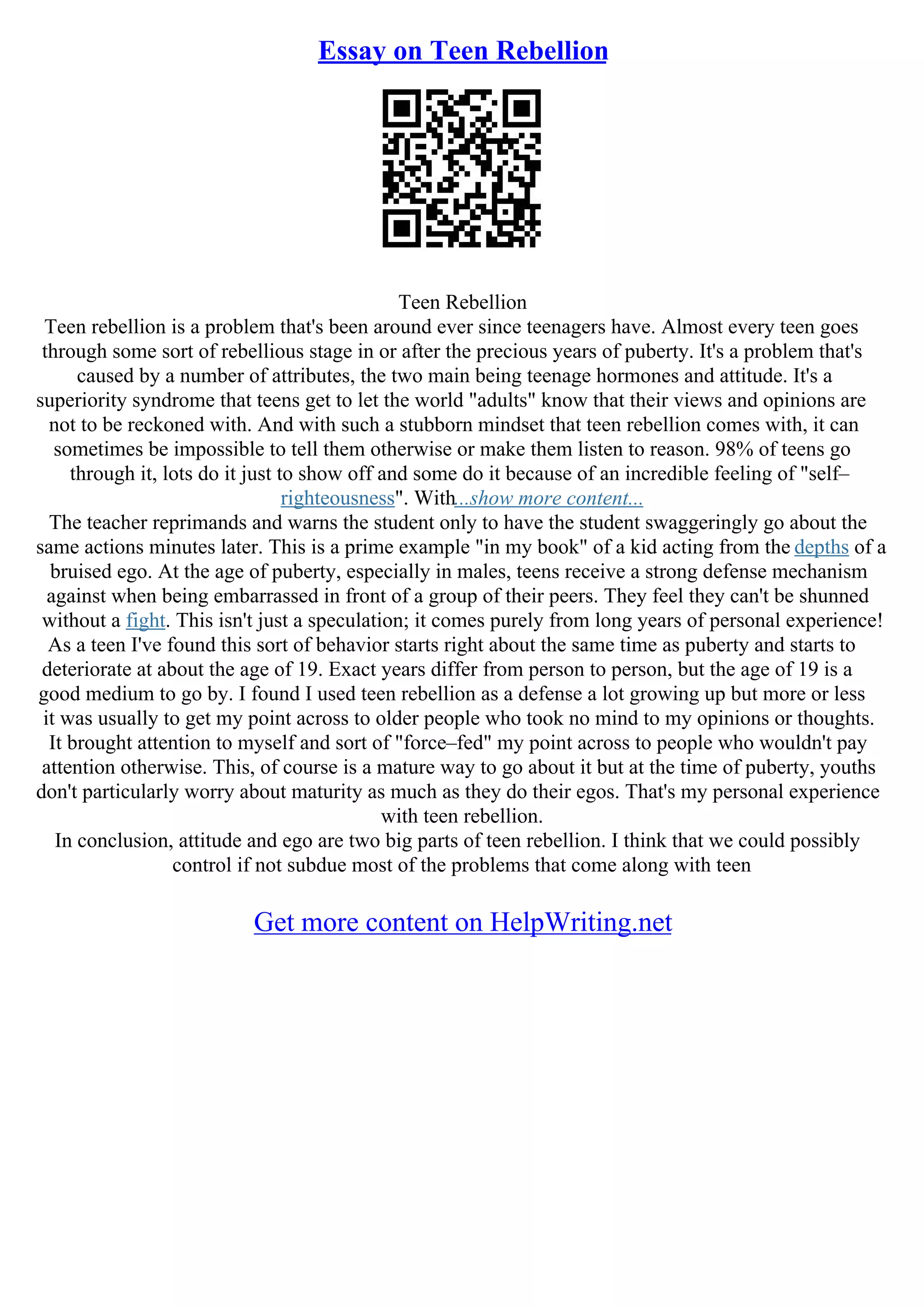 Rebellious Teenager Essay | PDF