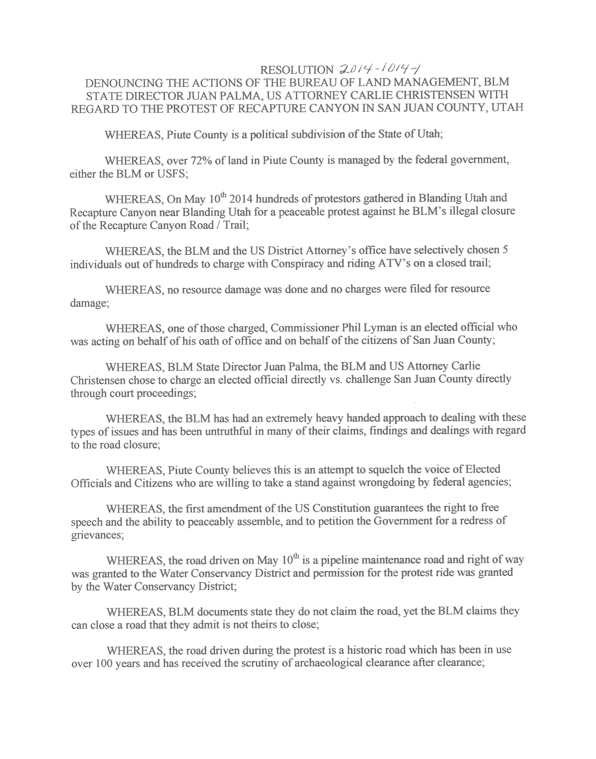 Recapture Canyon BLM Resolution | Piute County Commission | PDF