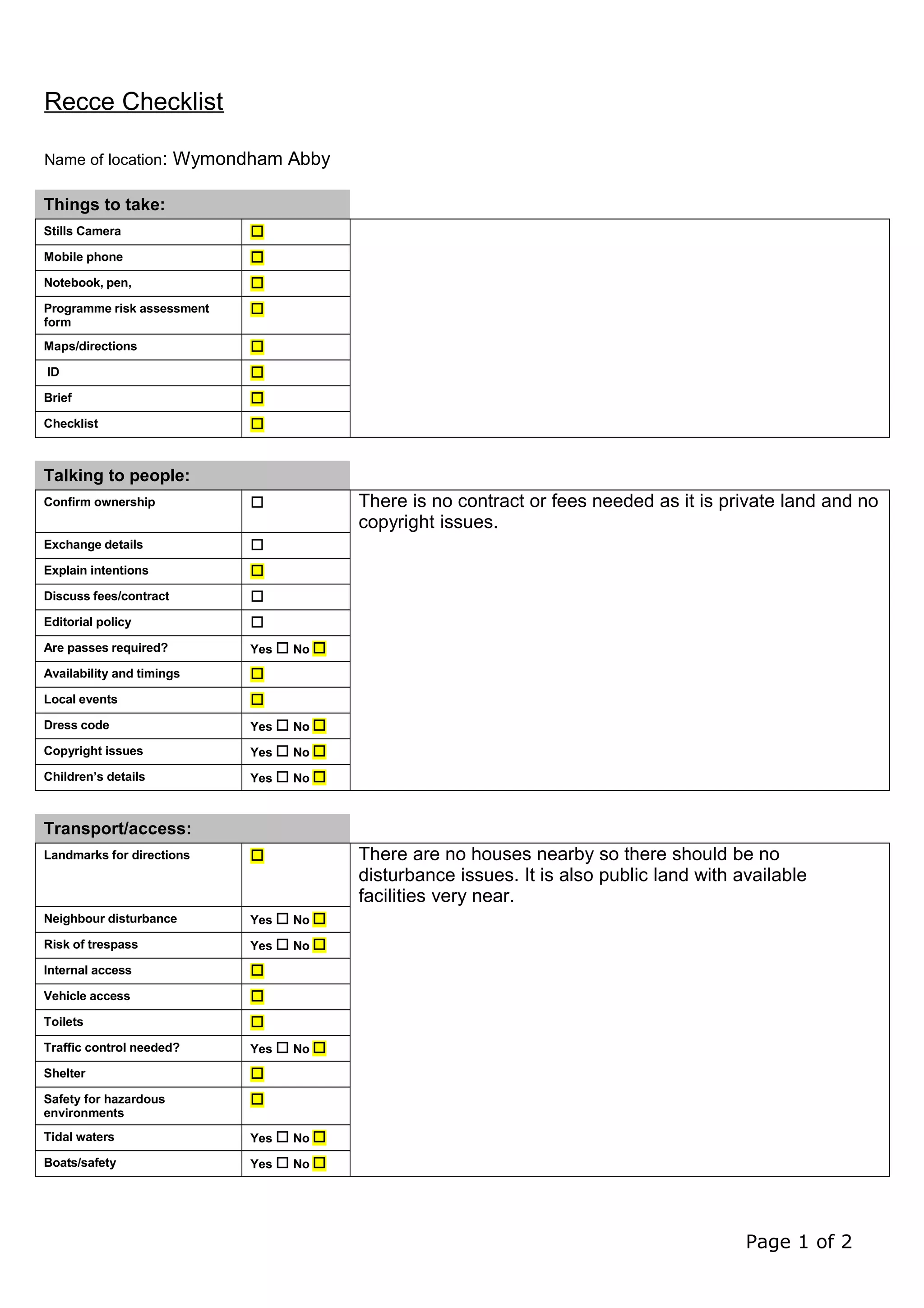 Recce checklist abby | DOC
