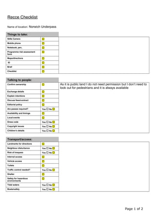 Recce checklist norwich underpass | PDF