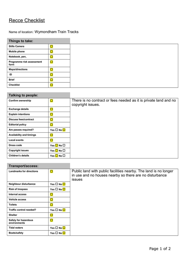 Recce checklist wymondham train tracks | DOC | Rail Travel | Travel Type
