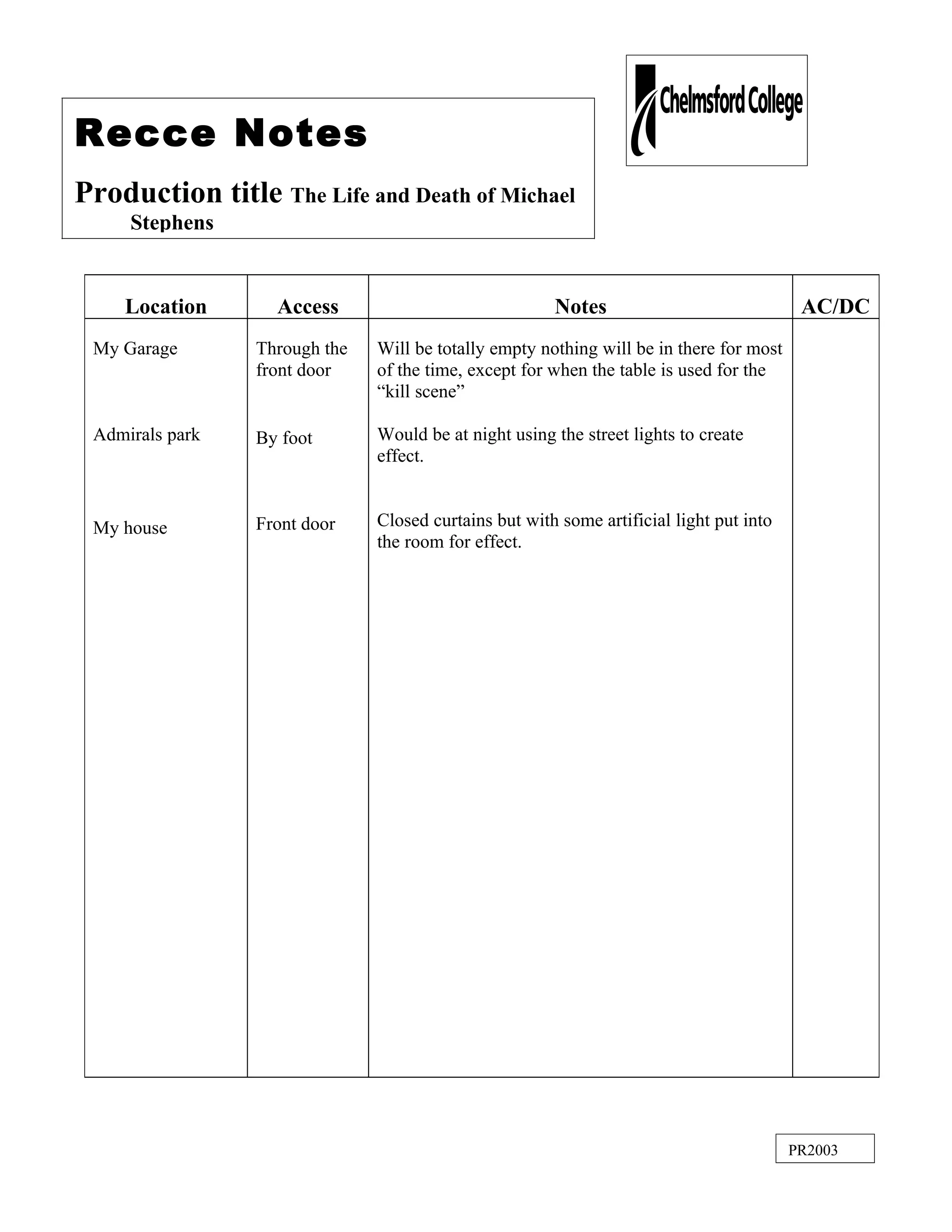 Recce notes | DOC | Interior Decorating | Home & Garden