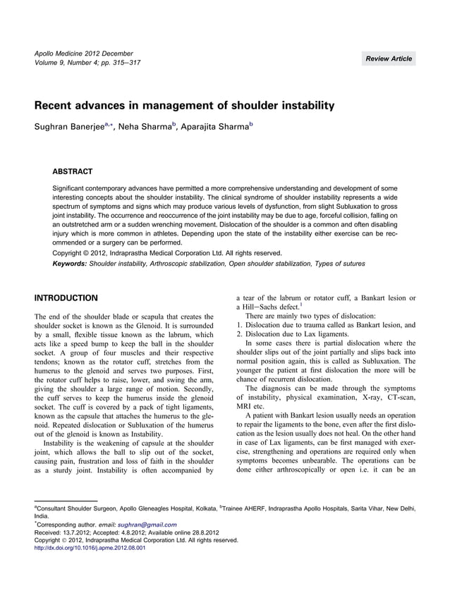 Recent Advances In Management Of Shoulder Instability | PDF