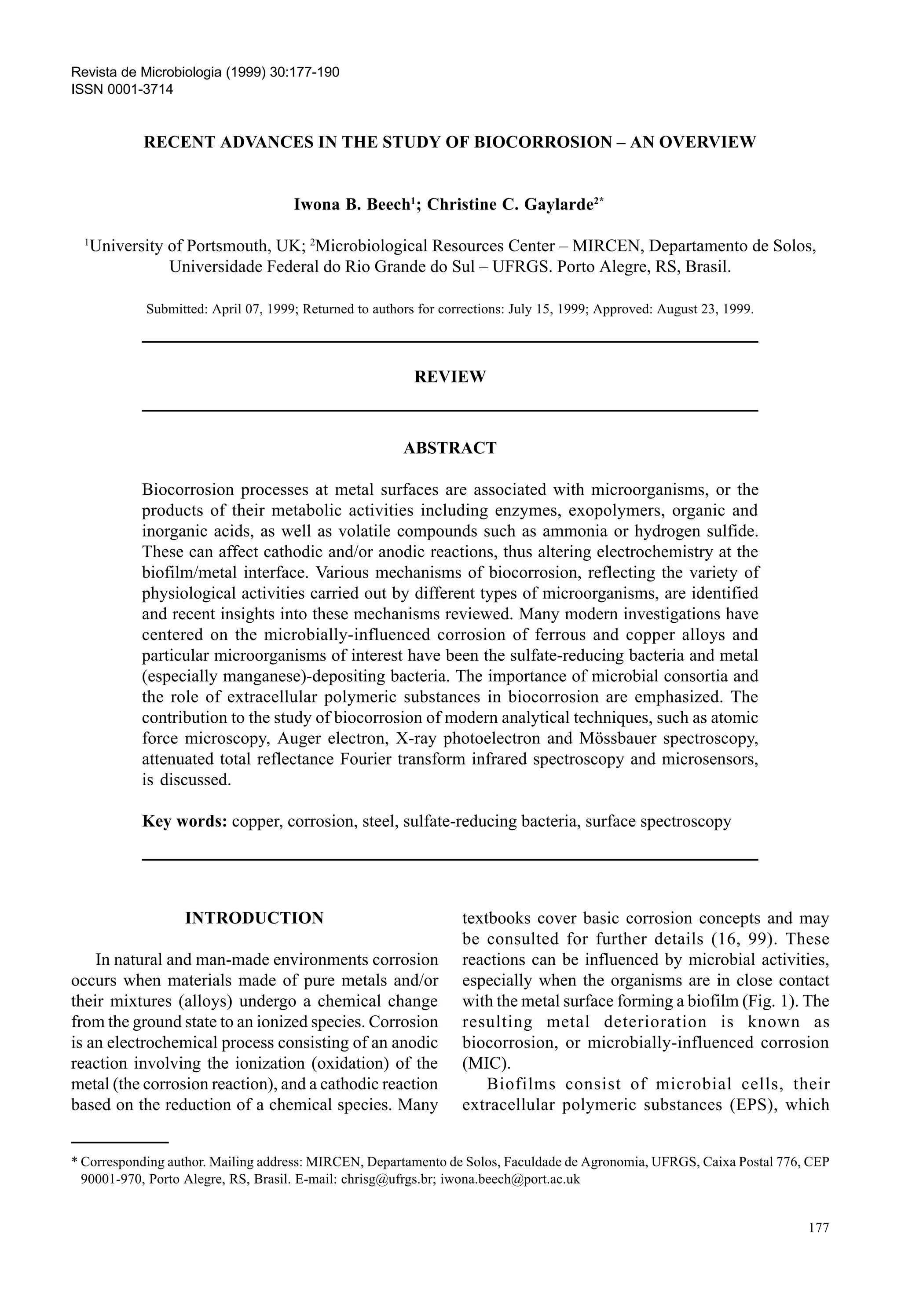 Recent advances in the study of biocorrosion an overview iwona b. beech ...