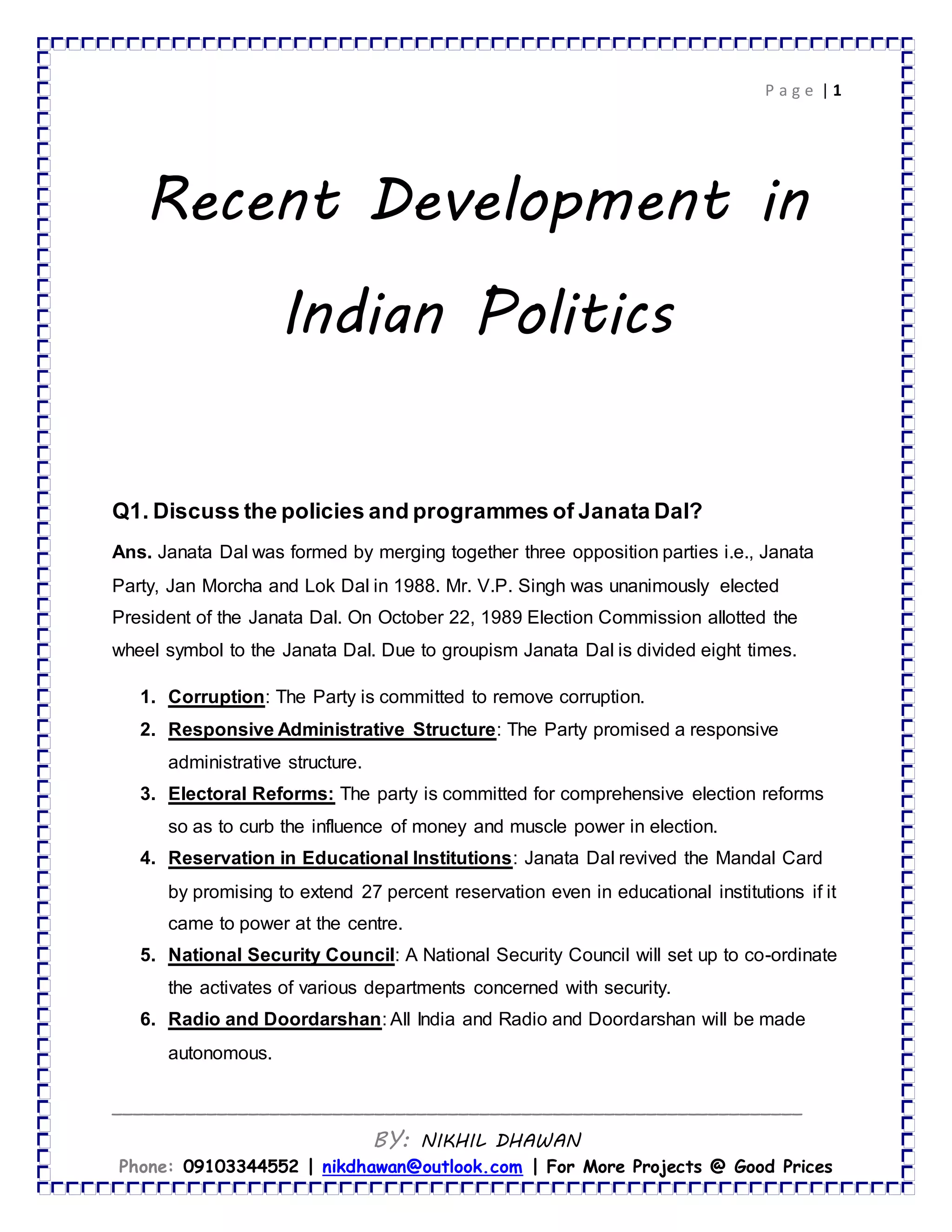 Recent development in indian politics (pol science) | DOCX