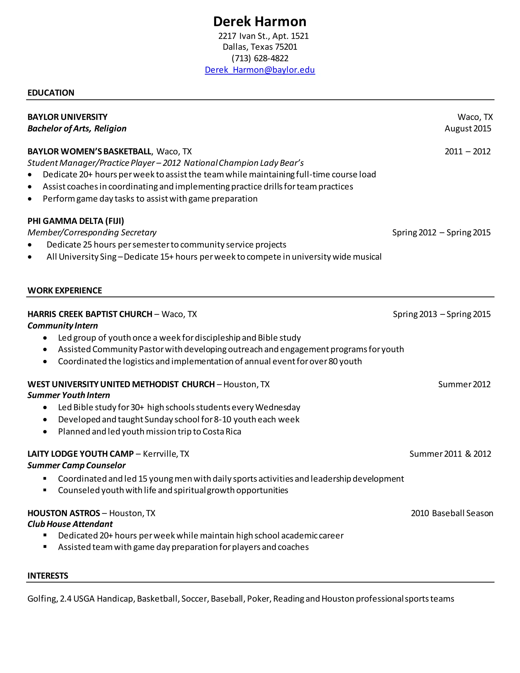 Derek Harmon Resume as of 4/6/2016 | DOCX | Undergraduate Education | College Education