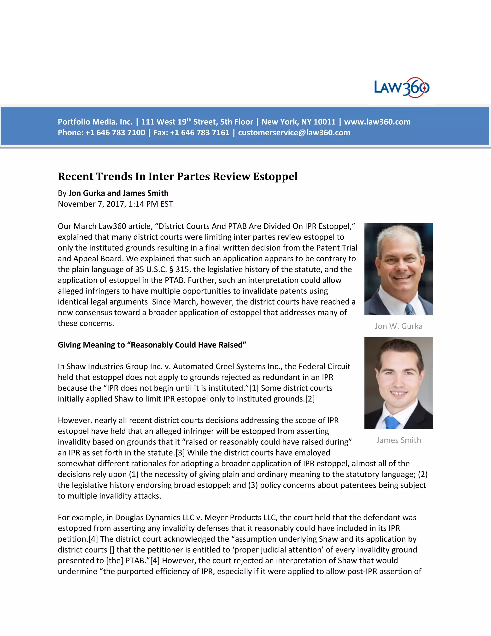 Recent trends in inter partes review estoppel | PDF