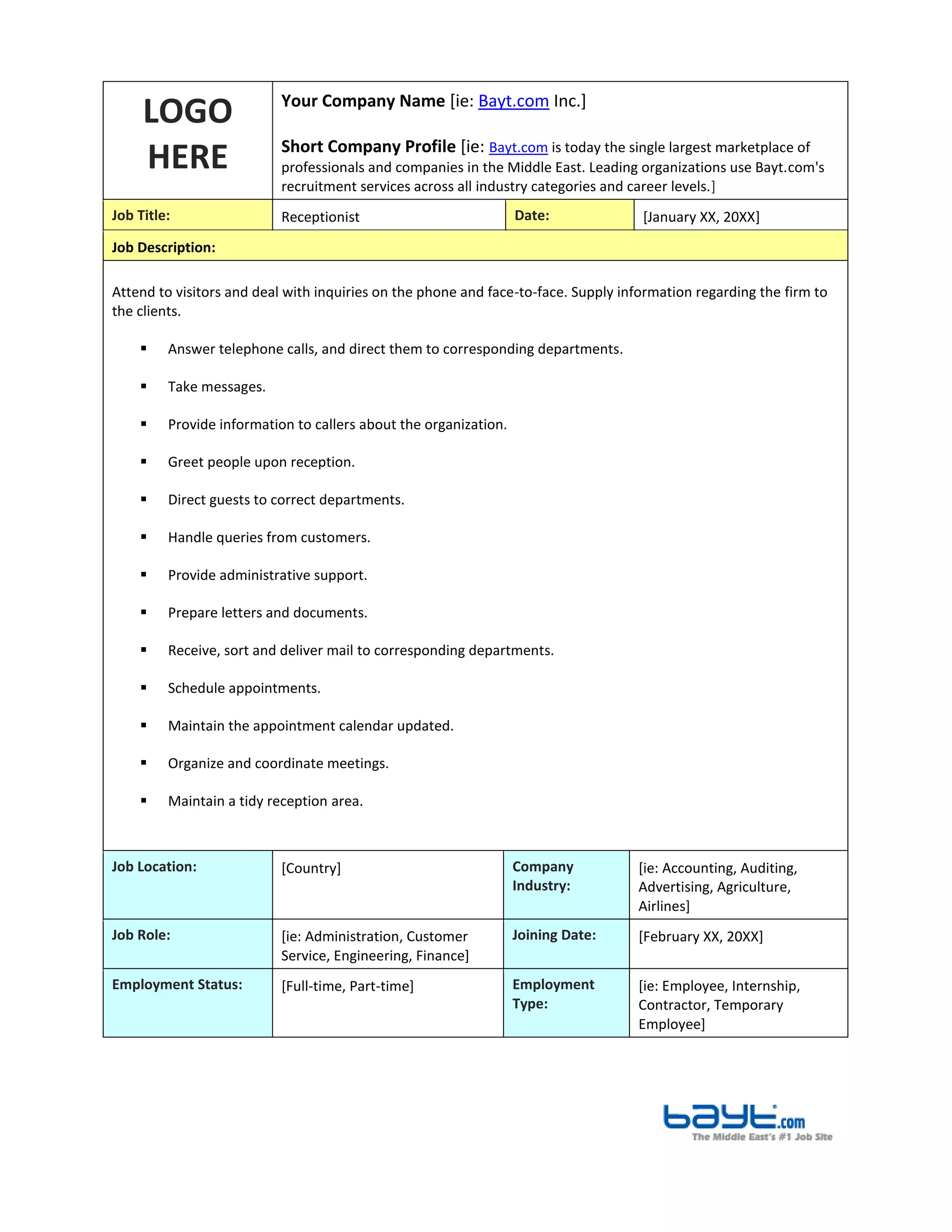 Receptionist Job Description Template by Bayt.com