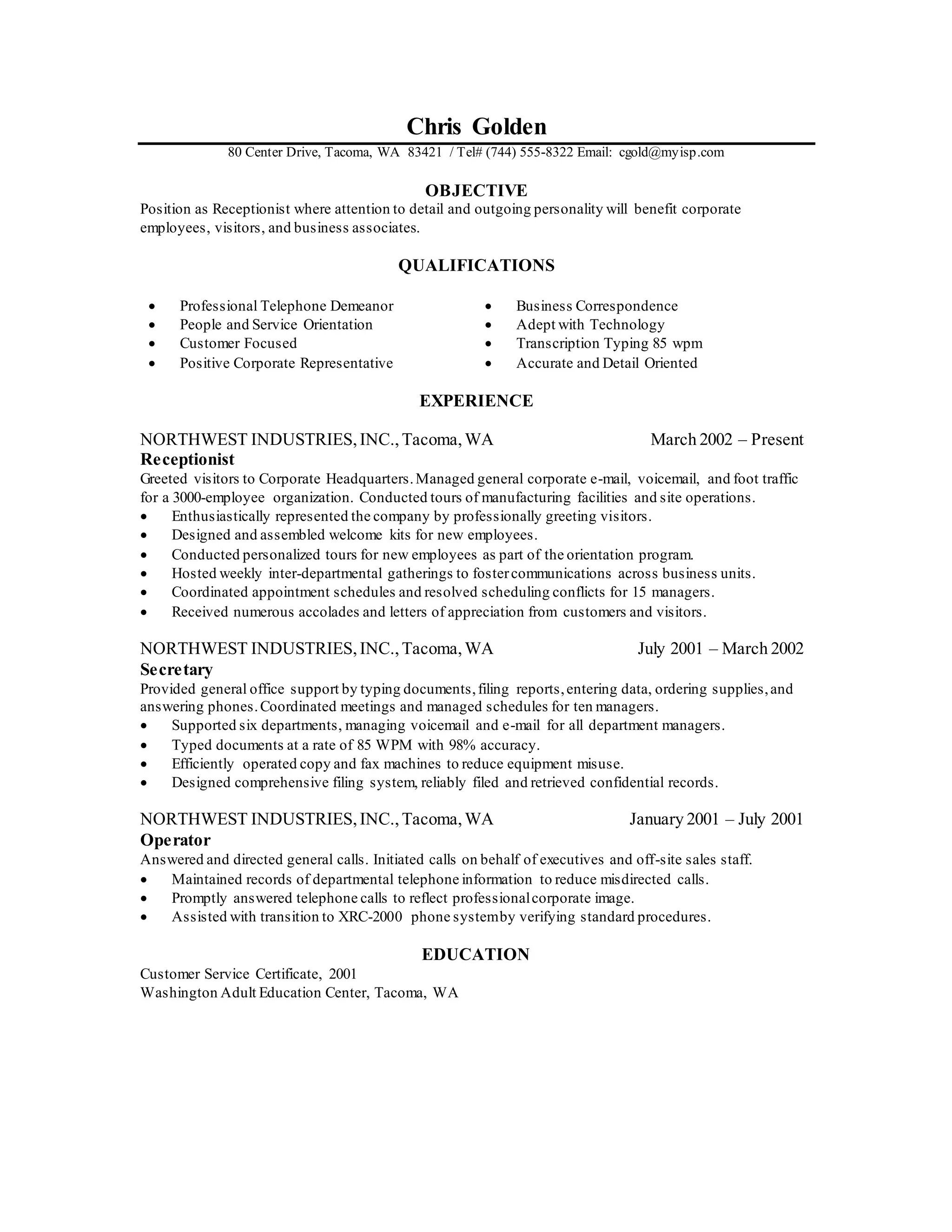 Receptionist (best) CV template | PDF