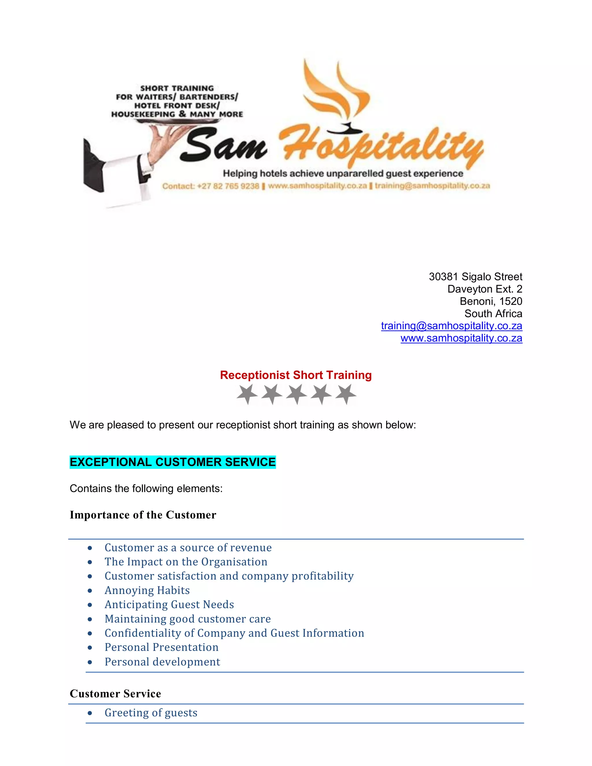 Receptionist short training sam hospitality | PDF