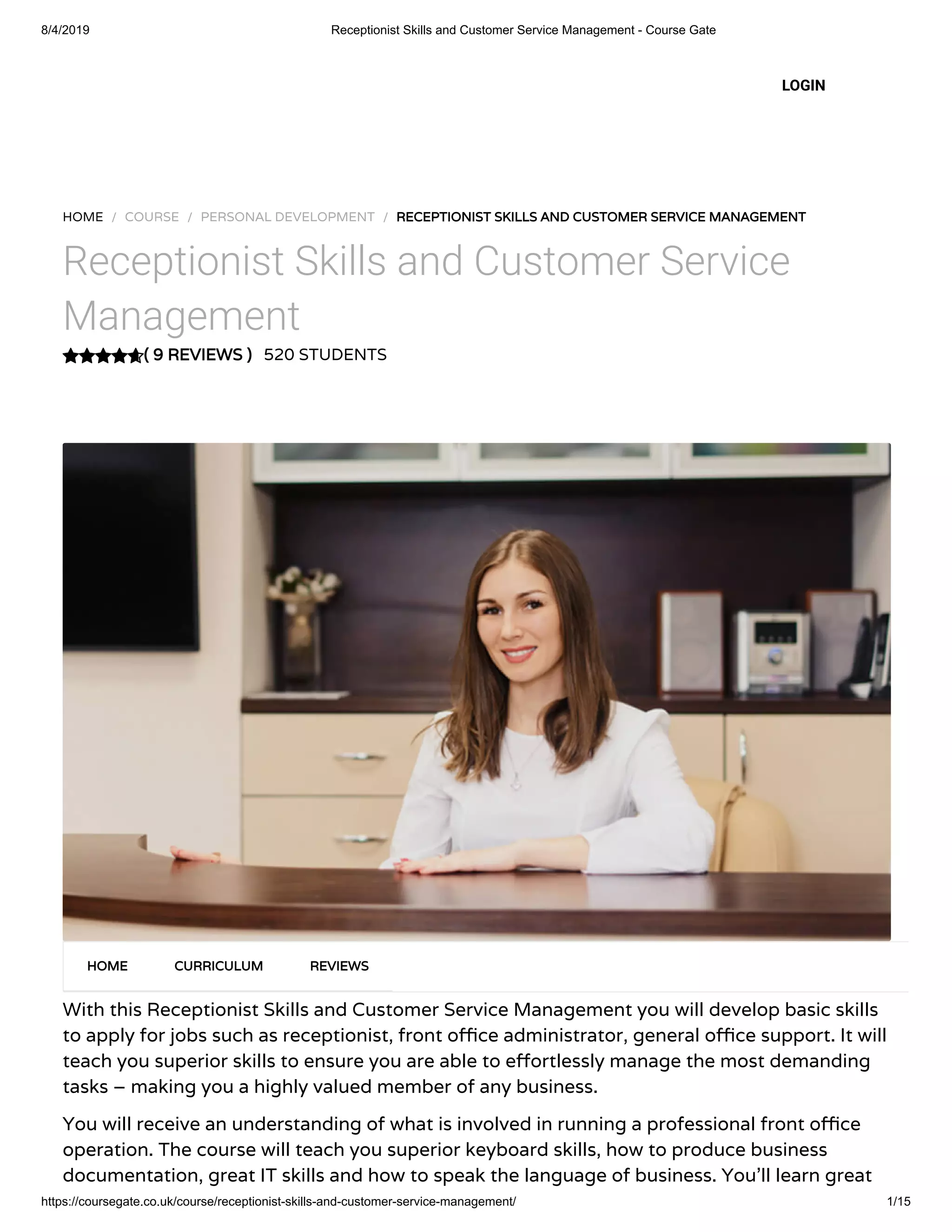 Receptionist skills and customer service management - course gate | PDF