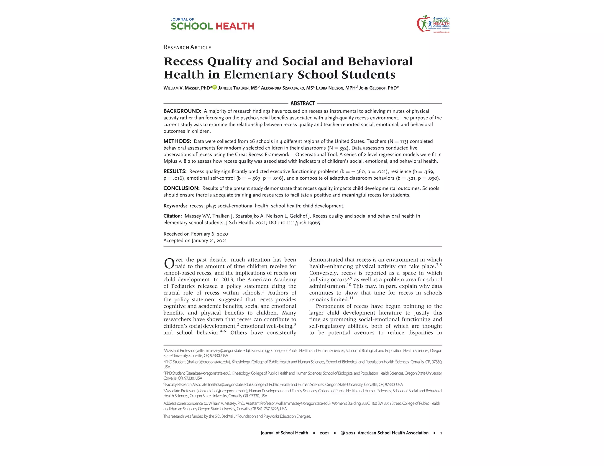 Recess Quality and Social and Behavioral Health in Elementary School ...