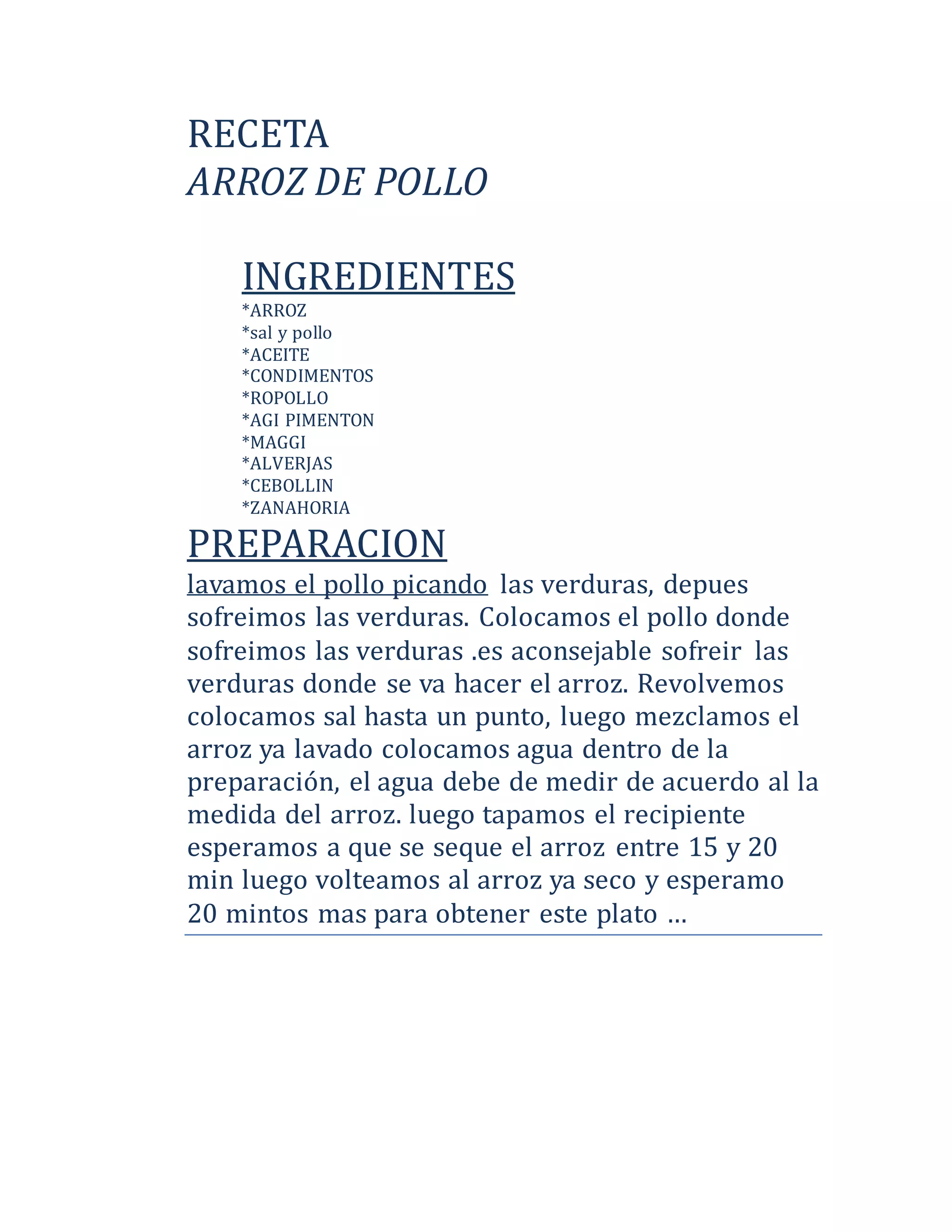 Receta arroz de pollo ingredientes | DOCX