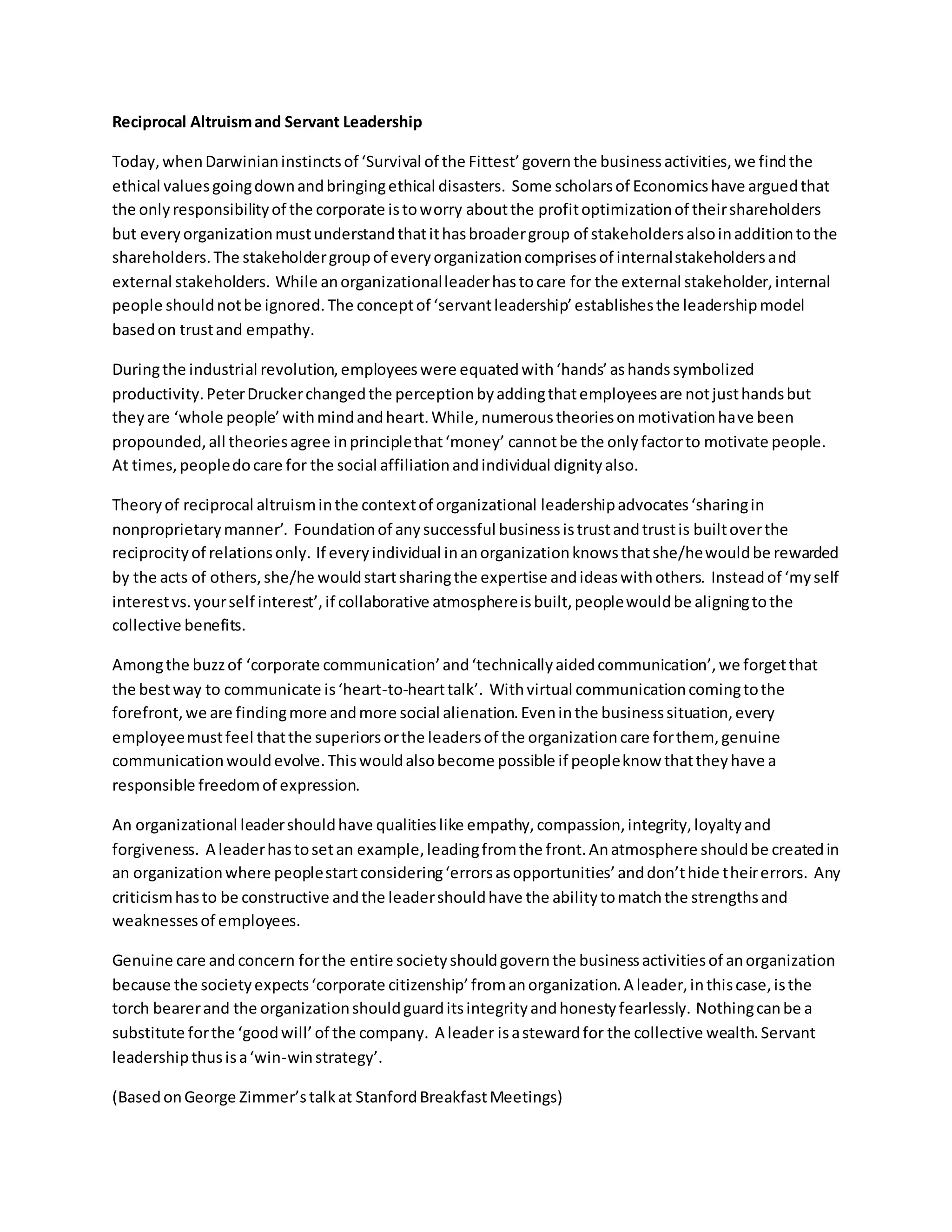 Reciprocal altruism and servant leadership | DOCX | Business | Business ...