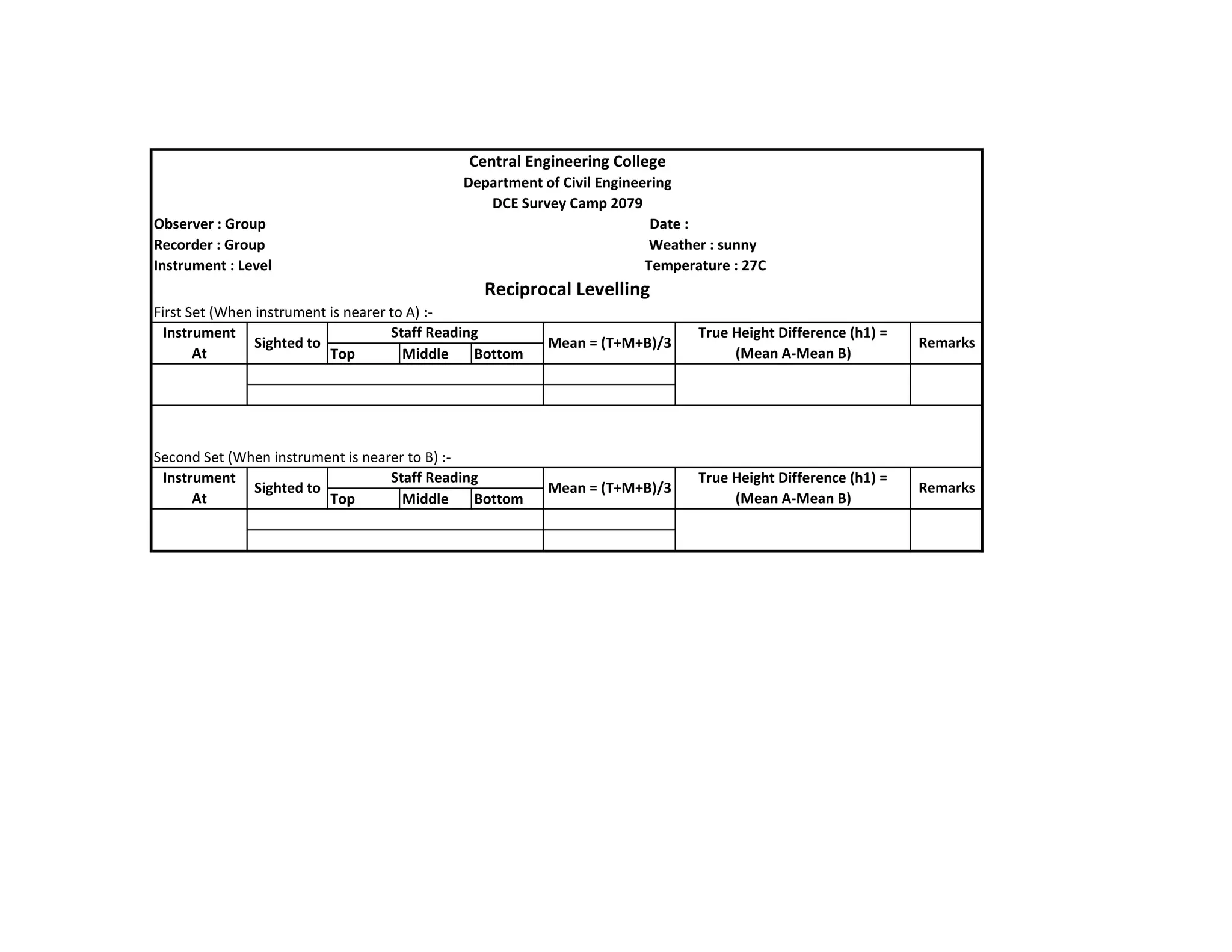 RECIPROCAL LEVELLING.for survey camp field book | PDF
