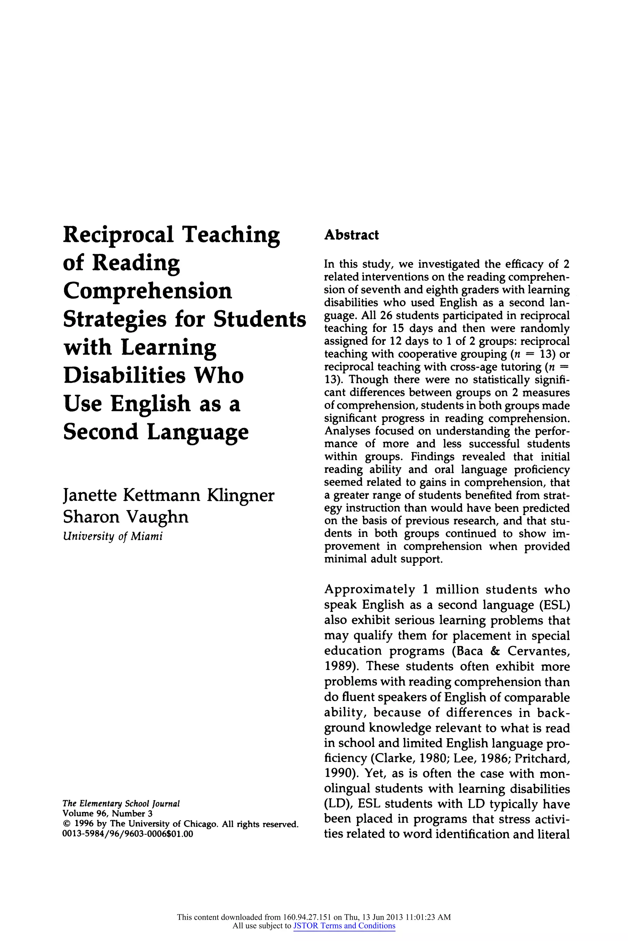 Reciprocal teaching klingner and vaughn | PDF | Special Education ...