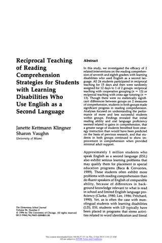 Reciprocal teaching klingner and vaughn | PDF | Special Education ...