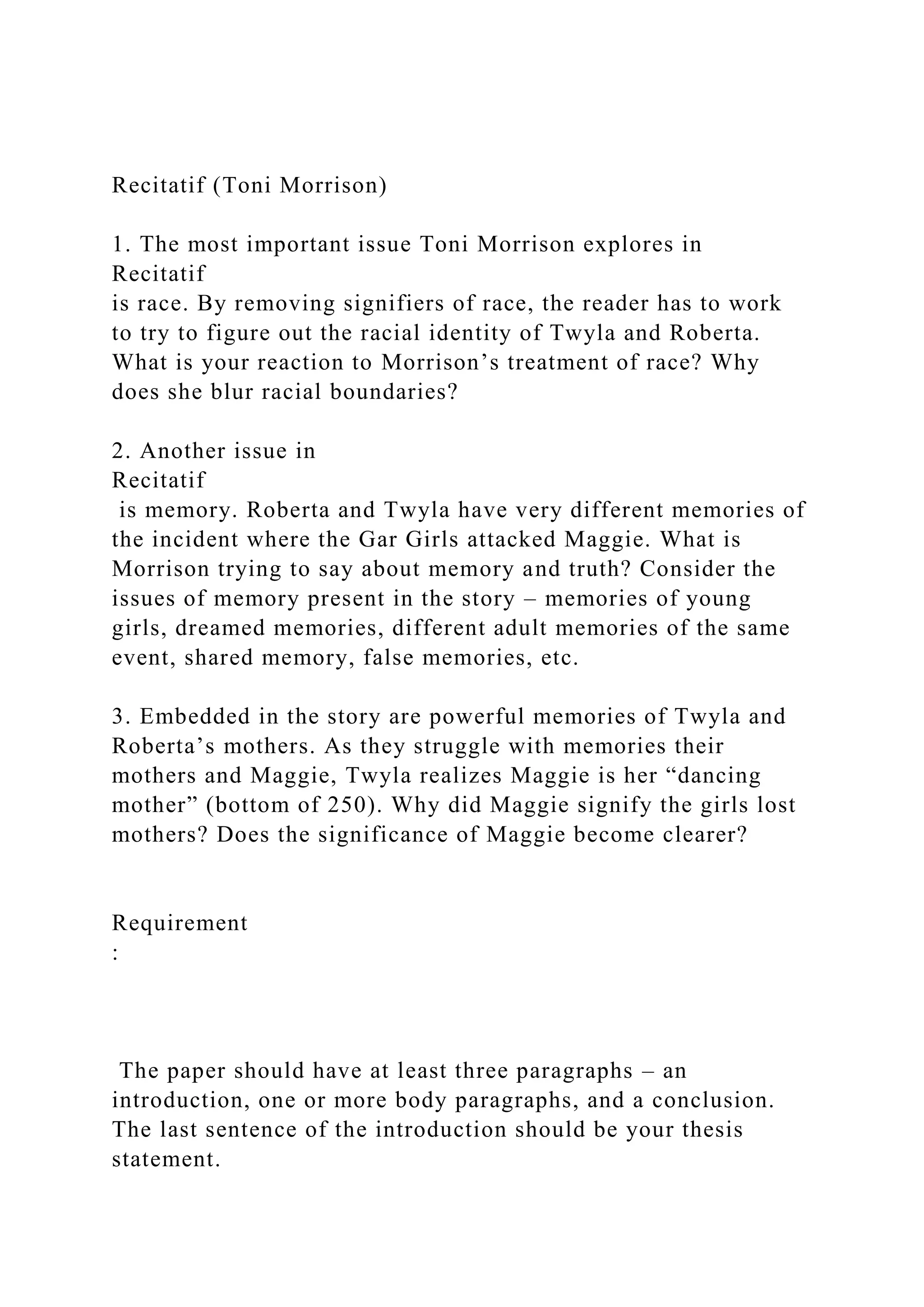 Recitatif (Toni Morrison)1. The most important issue Toni Morr.docx