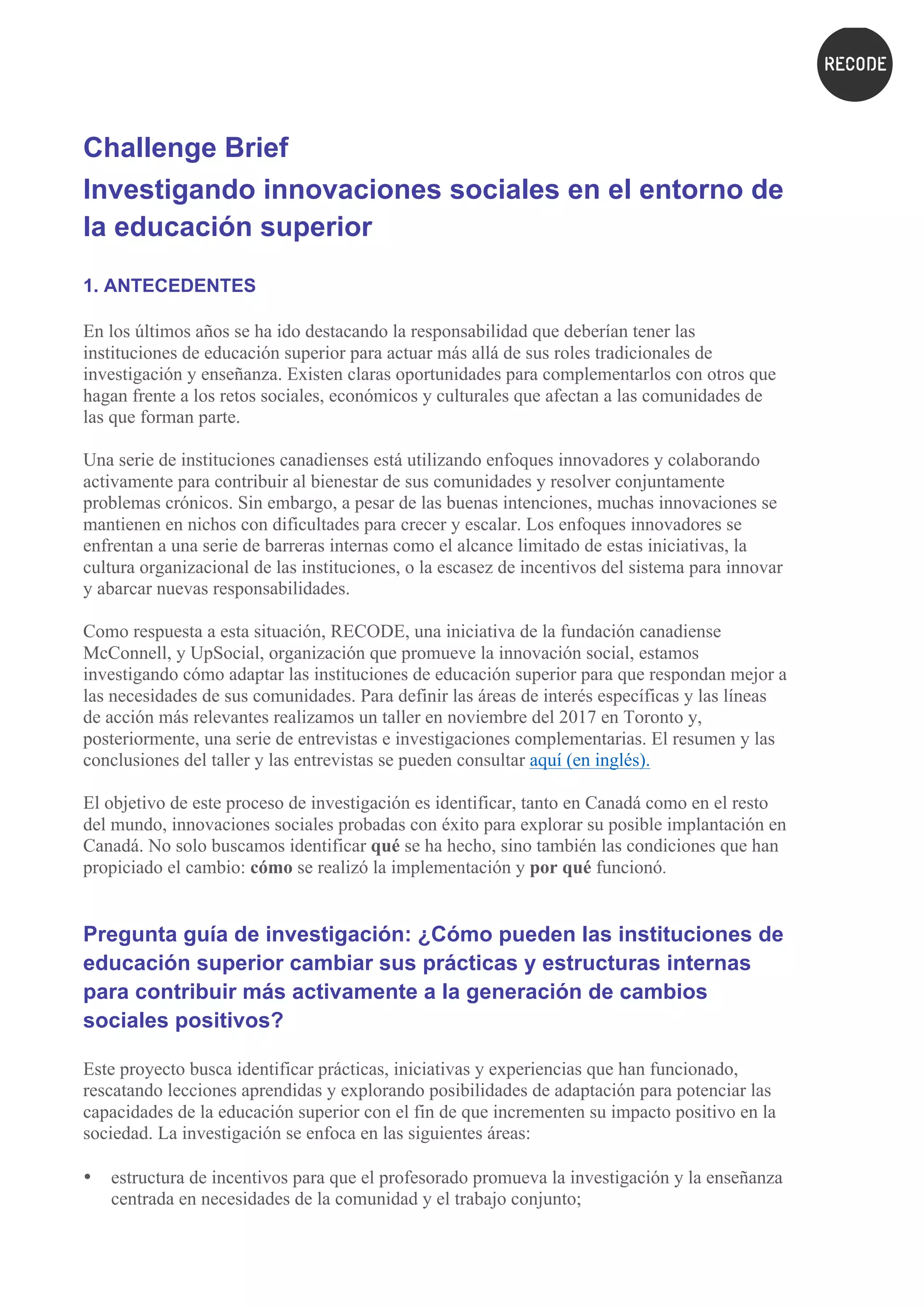 RECODE Challenge Brief esp | PDF