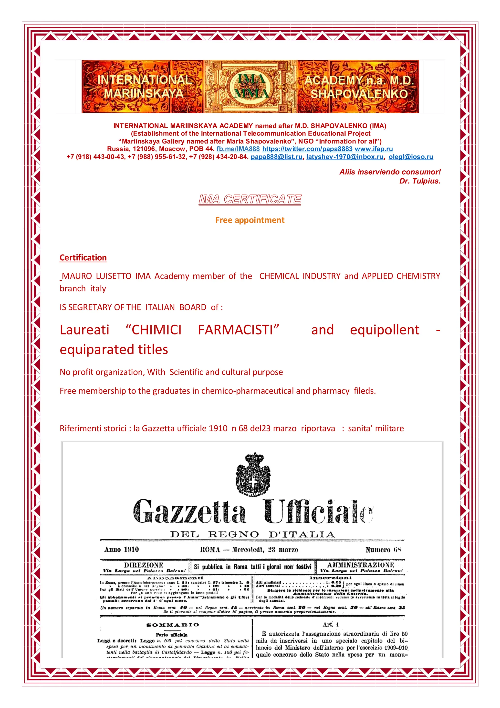 RECOGNITION 2024-7 IMA academy official certificate | PDF